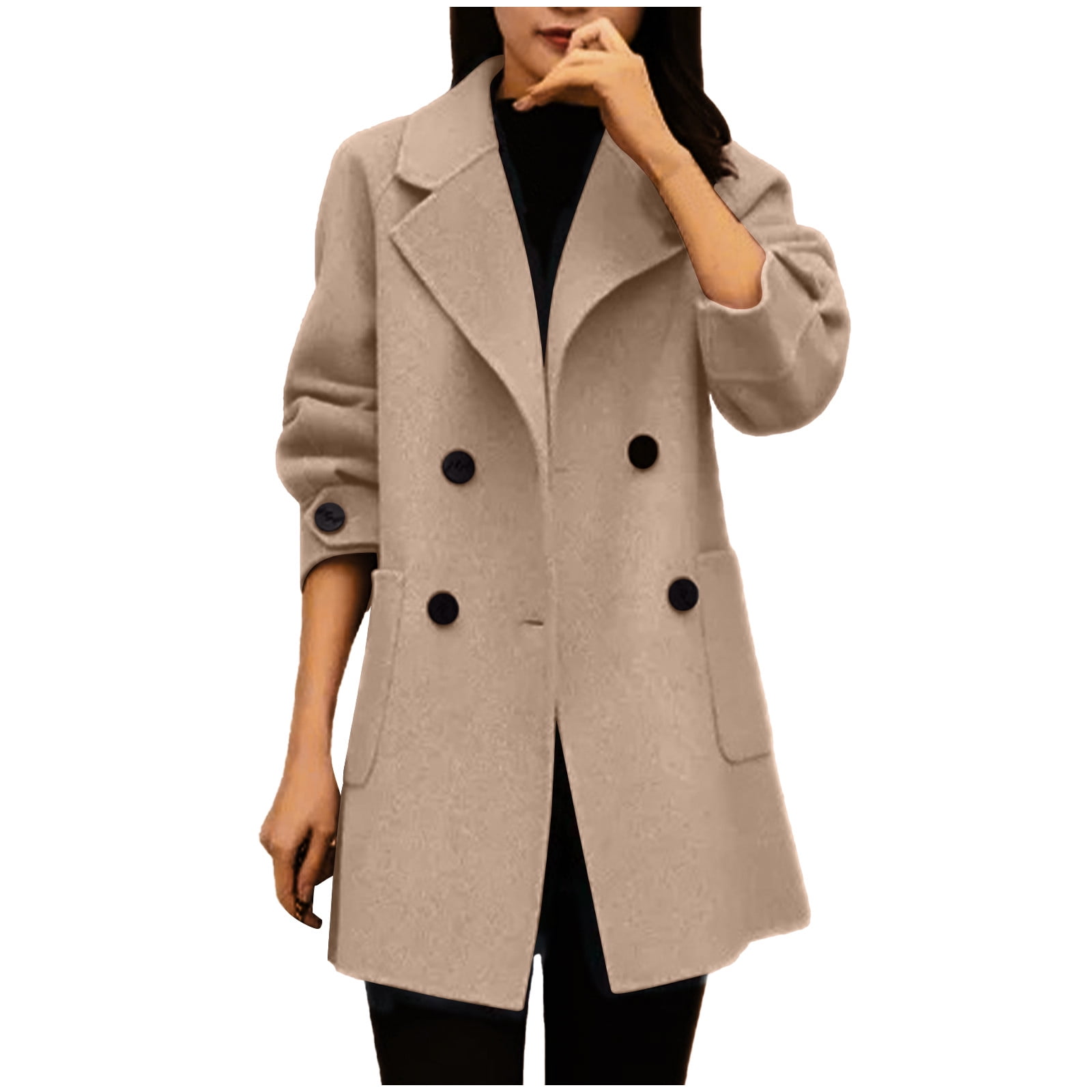 Double Breasted Wool Trench Coat for Women Dressy Casual Notch Lapel ...
