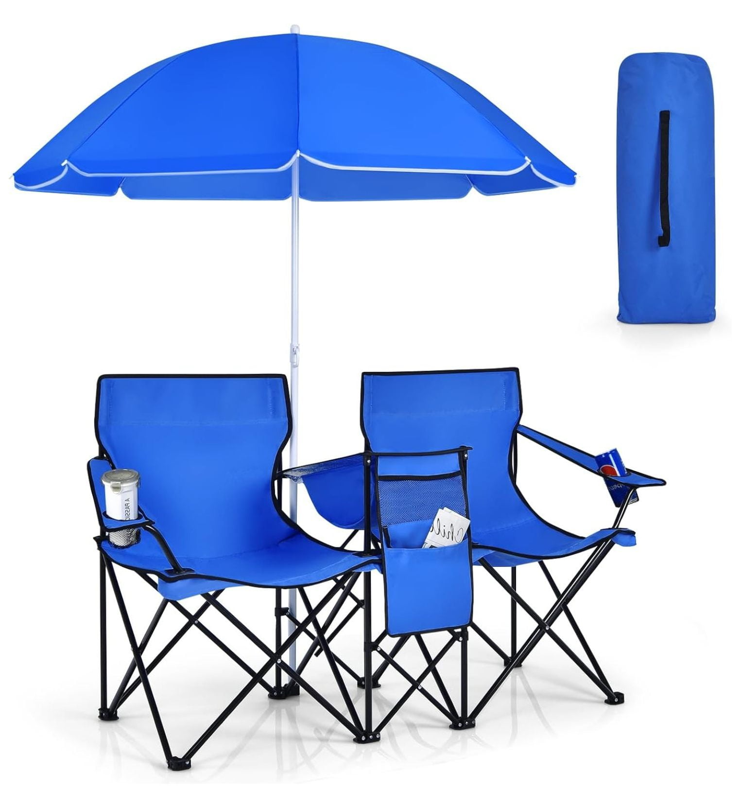 Double Camping Chair, Folding Camp Chair with Removable Umbrella, Cup ...