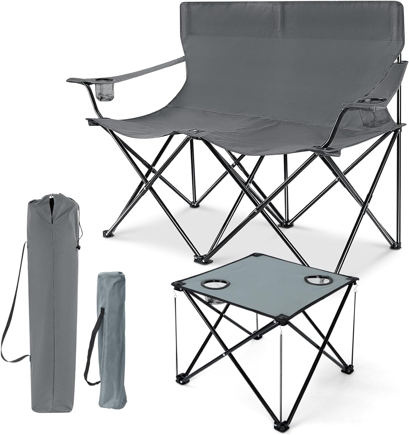 Double Camping Chair Set (Folding Loveseat Chair + Portable Table ...