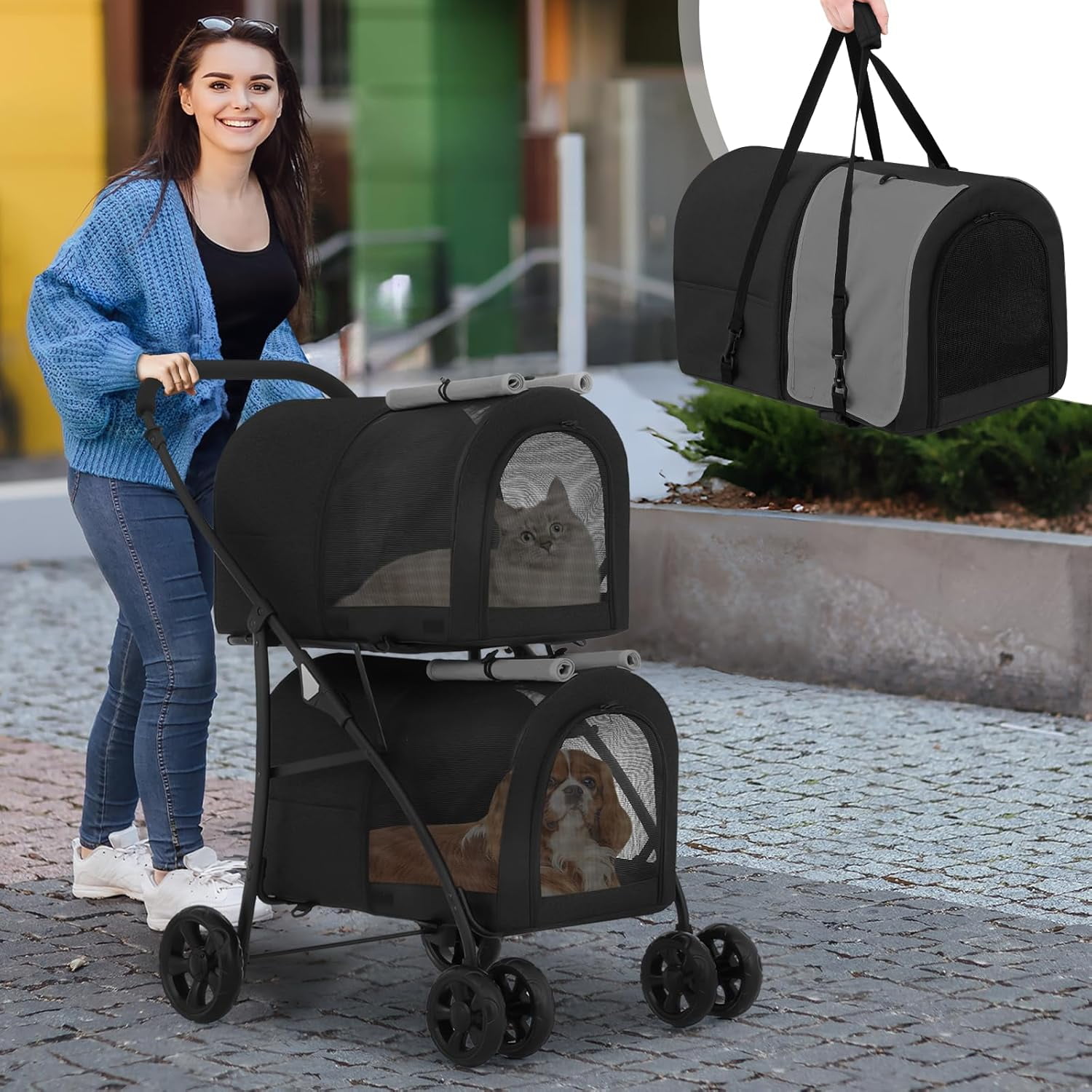 Double Cat Dog Stroller with Detachable Carrier Bags Large 4 Wheels Foldable Jogger for Small ...