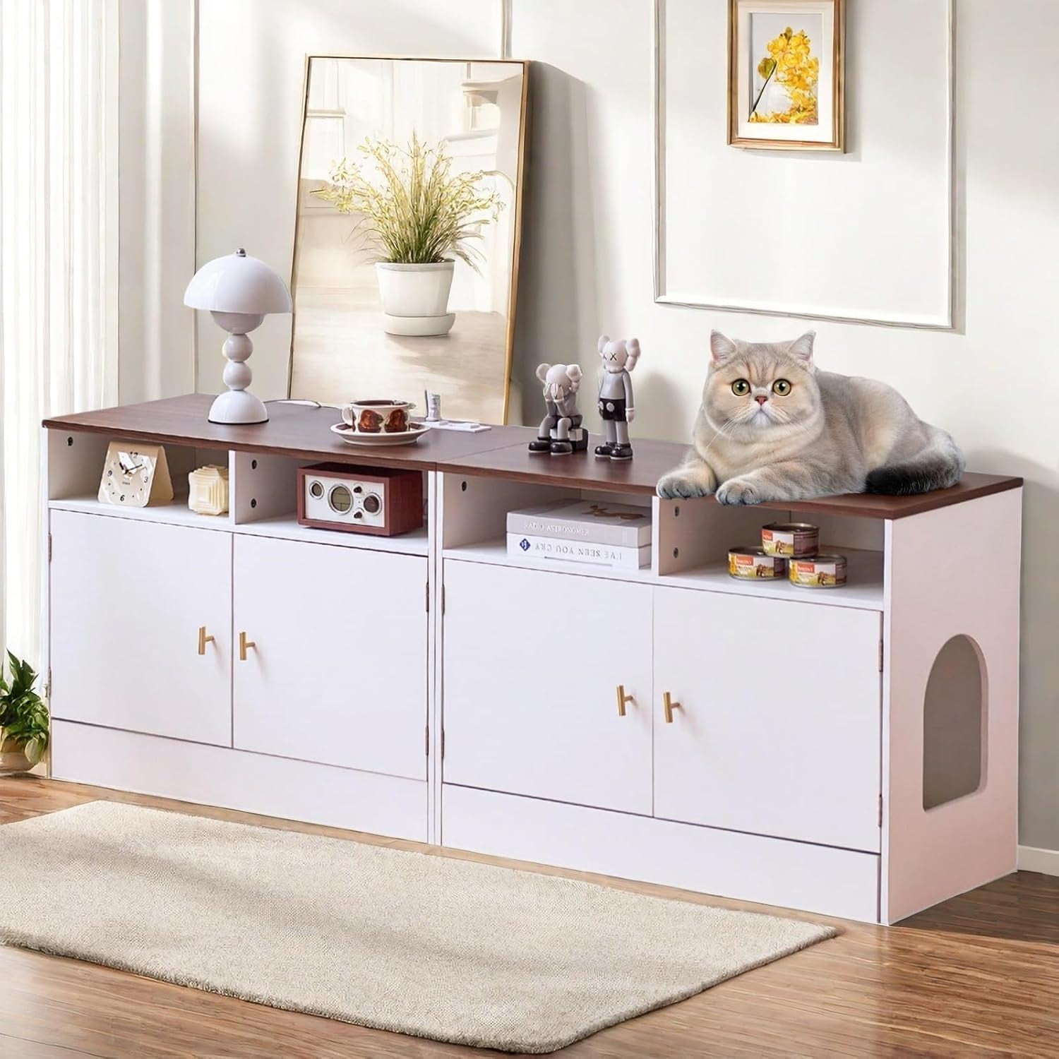 Double Cat Litter Box Enclosure for 2 Cats, 63" Wooden Hidden Cat ...