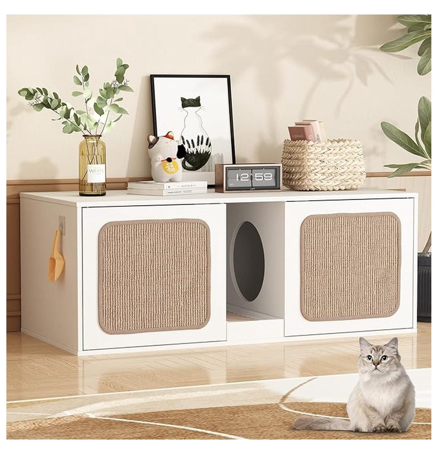 Double Cat Litter Box Enclosure Furniture with Sisal Scratching Pads ...