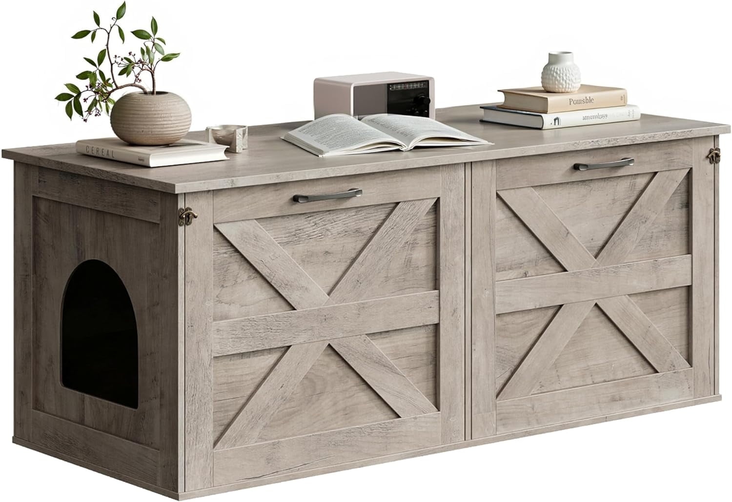 Double Cat Litter Box Enclosure, Hidden Litter Box Cabinet Furniture ...