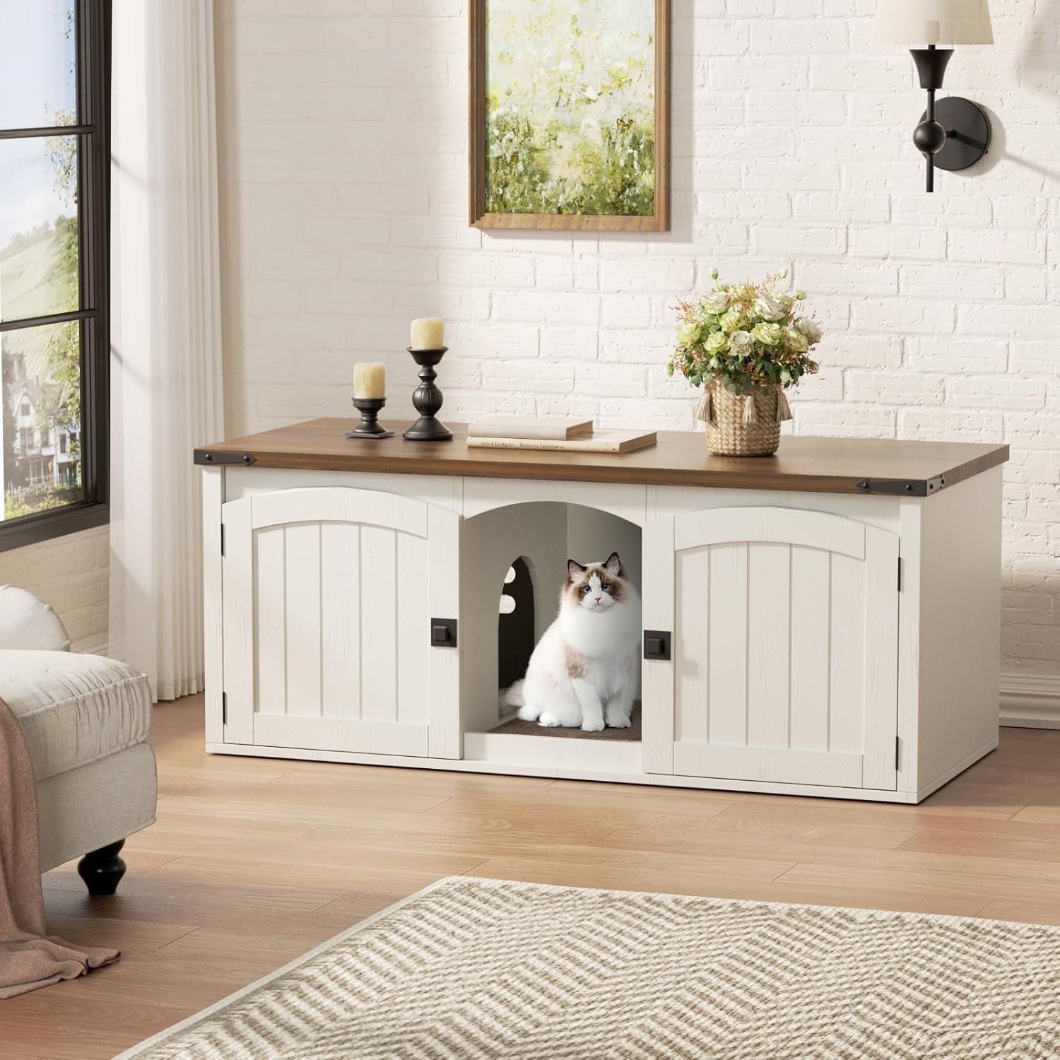 Double Cat Litter Box Enclosure, Hidden Litter Box Furniture for 2 Cats ...