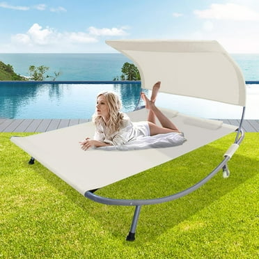 Double Chaise Lounge Bed with Canopy & Headrest Pillow, Outdoor Patio ...