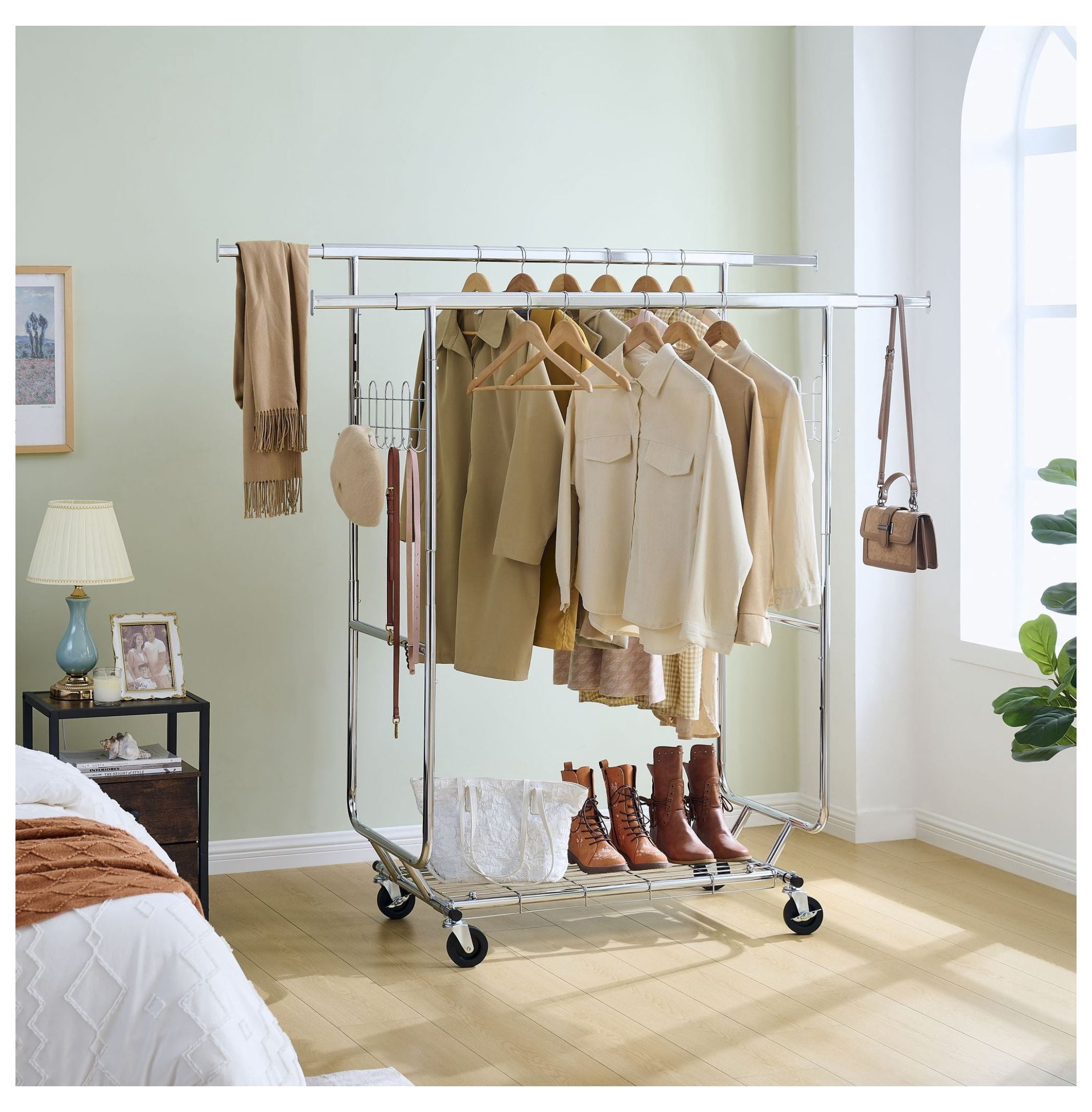 Double Clothing Garment Rack with Shelves Capacity 800lbs Clothing ...