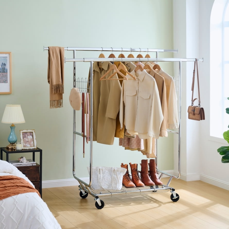 Double Clothing Garment Rack Shelvs, Rolling Clothes Rack with Basket ...