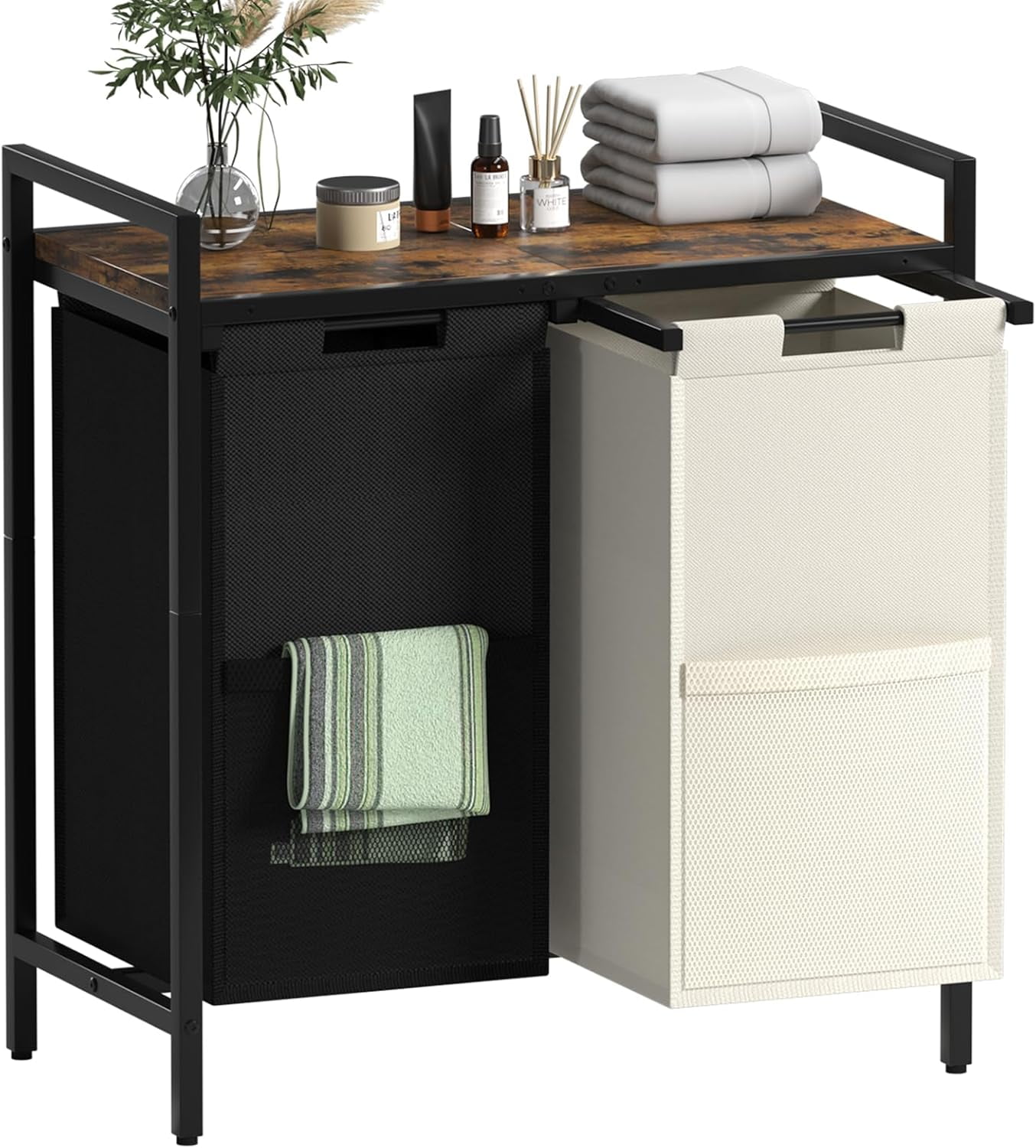 Double Compartment Laundry Basket, Laundry Sorter with Top Shelf, 2 ...