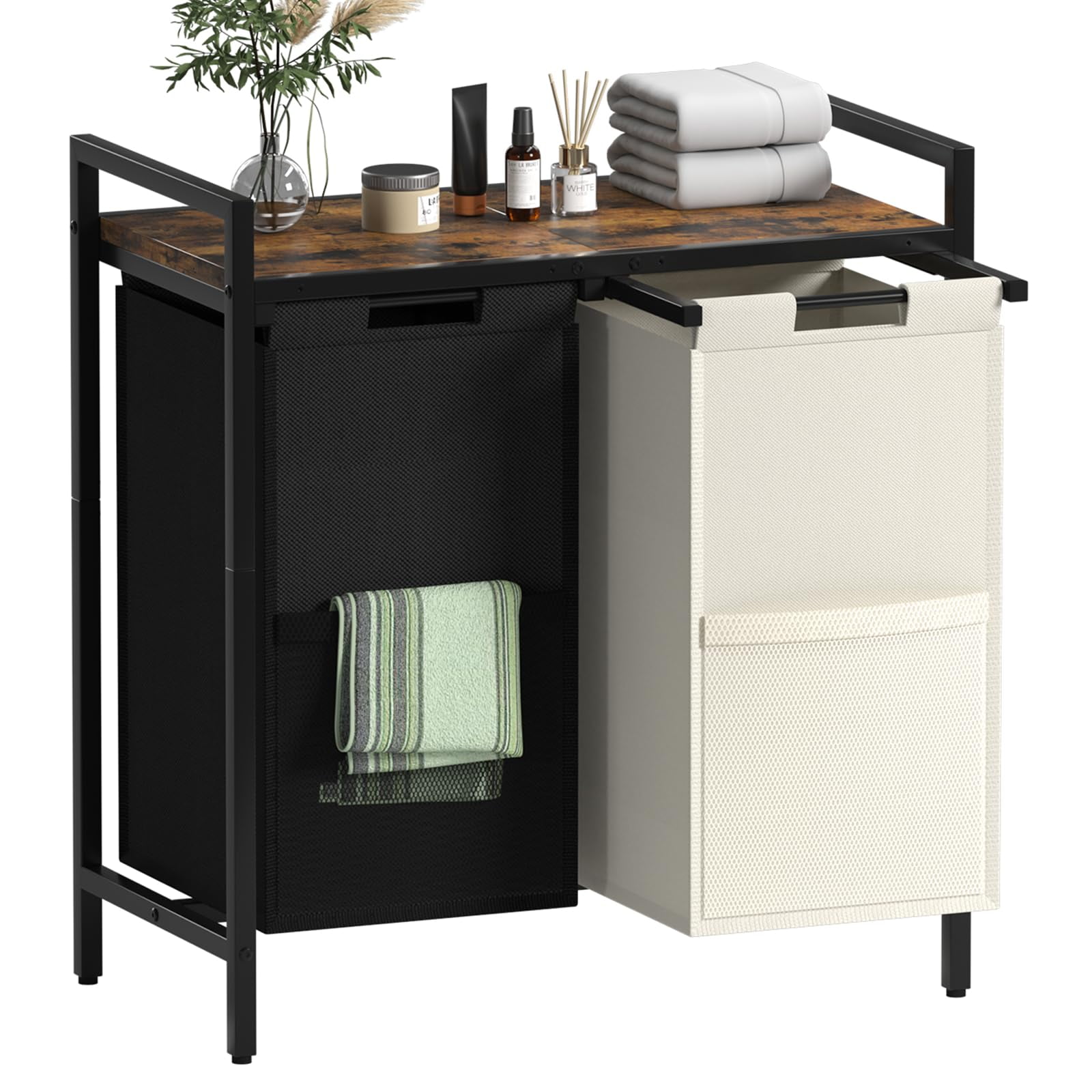 Double Compartment Laundry Basket, Laundry Sorter with Top Shelf, 2 ...