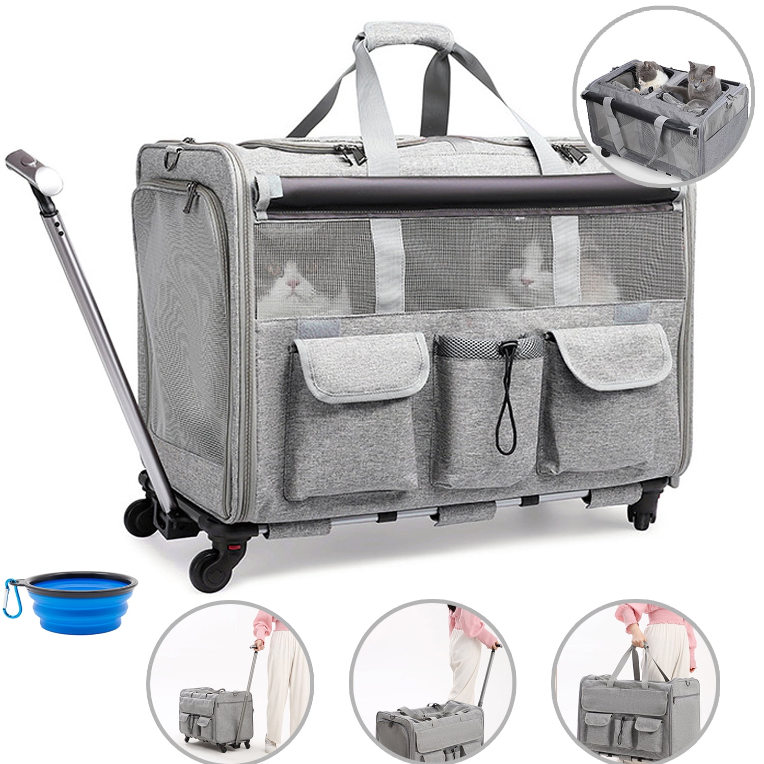 Double-Compartment Pet Rolling Carrier with Wheels for 2 Pets,Cat ...