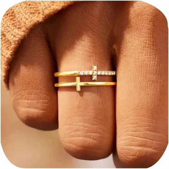 Double Cross Ring 18k Gold Plated Cubic Zirconia Simple Plain Stackable Statement Promise Rings ...