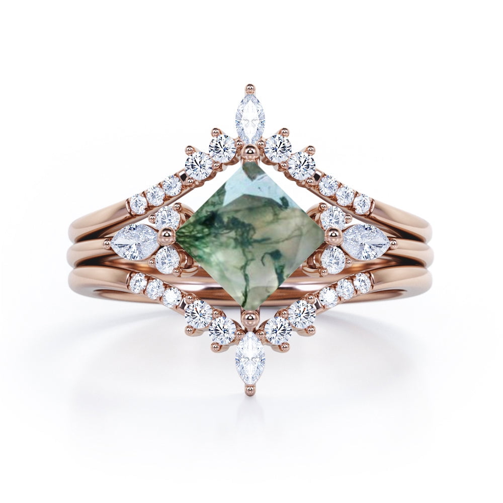Double Crown 1.25 Carat Princess Moss Agate Trio Ring Set - Walmart.com