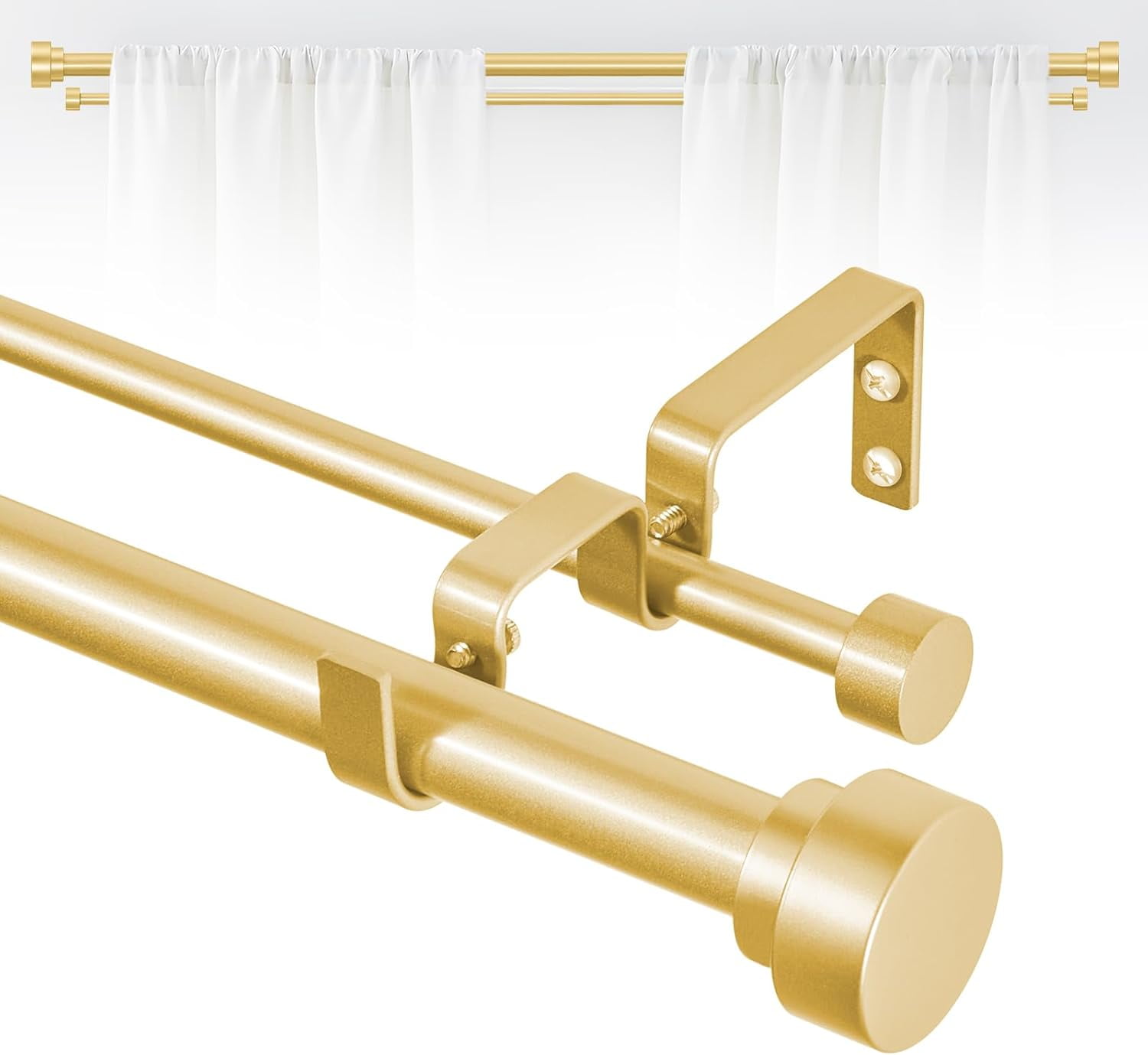 Double Curtain Rod, Gold, 66-120 Inch Adjustable Heavy Duty 1 Inch Dual ...