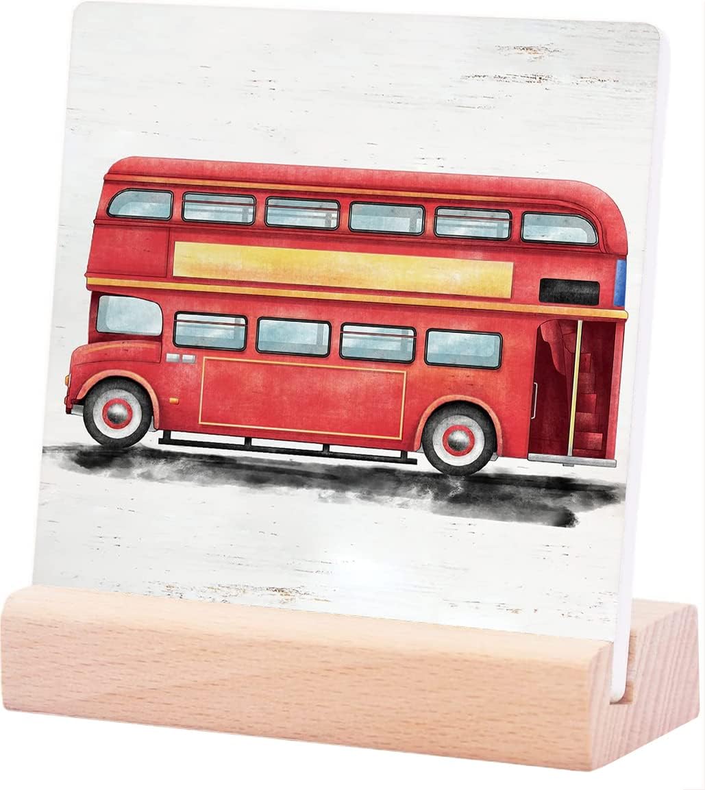 Double Decker Bus Ceramic Table Sign Plaque Watercolor Red Bus Tabletop ...
