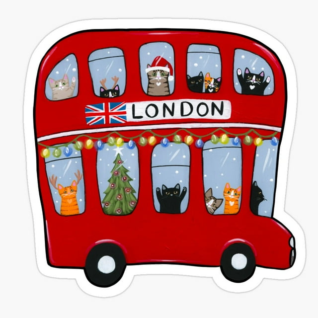 Double Decker Bus Christmas Cats Sticker Phone Decal Water Bottle ...