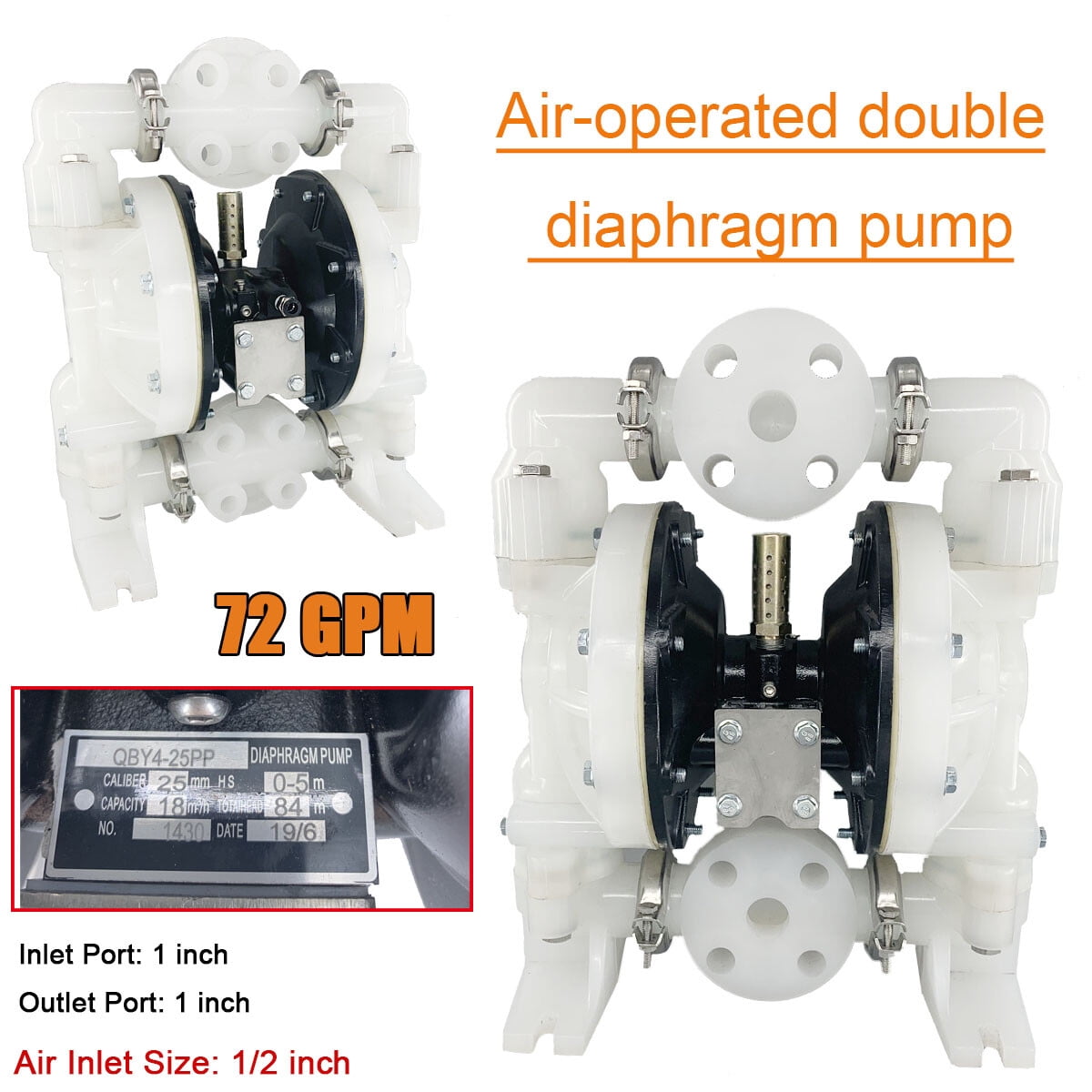 Double Diaphragm Pump Air-Operated 1inch Inlet & Outlet 72GPM Petroleum ...