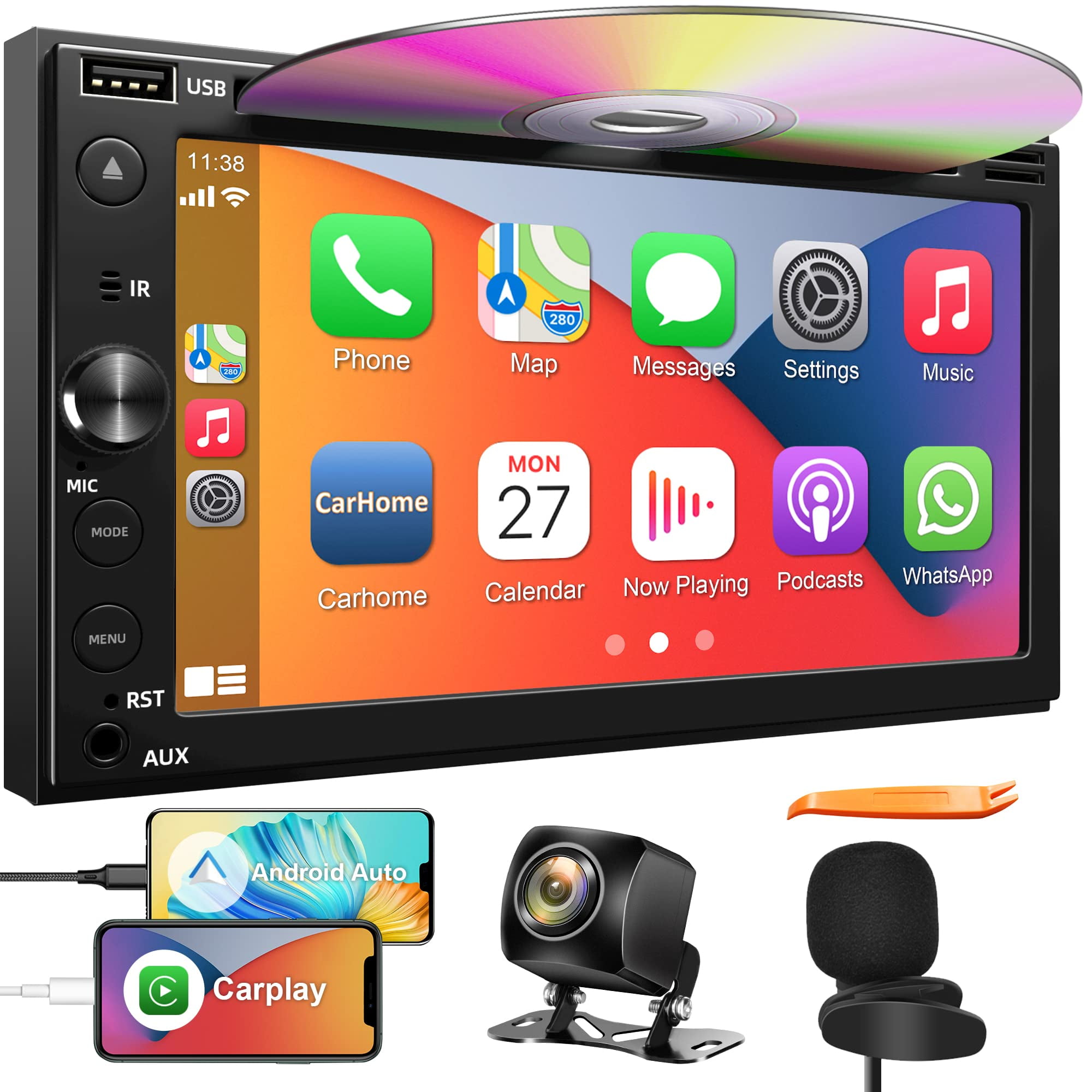 Double Din Car Stereo with CD/DVD Player Apple Android Auto, 6.2Inch ...