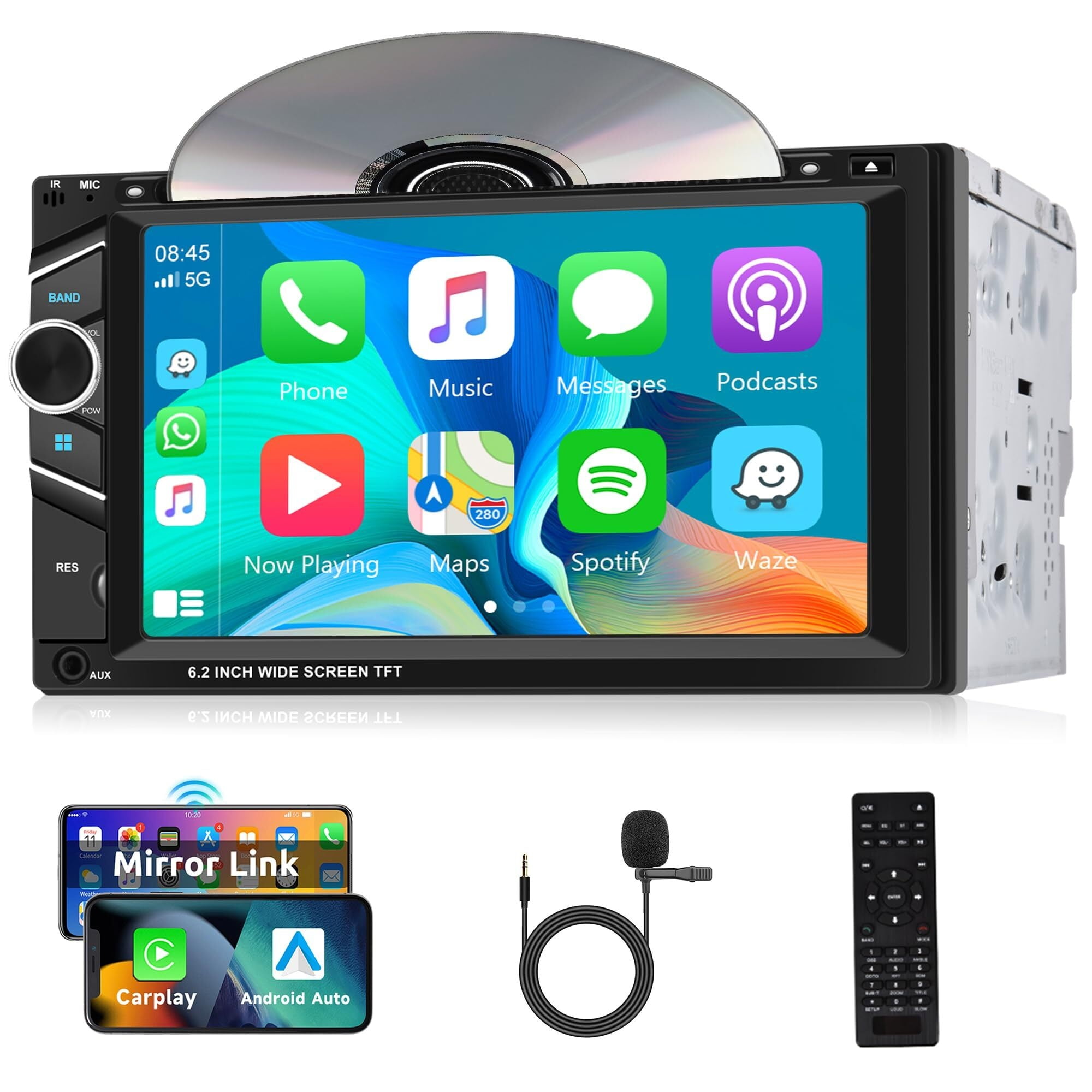 Double Din Touchscreen Car Stereo with CD DVD Player CarPlay Android Auto 6.2 Inch Car Radio Steering Wheel Control Bluetooth Mirror Link USB TF AUX FM Radio Backup Camera Walmart