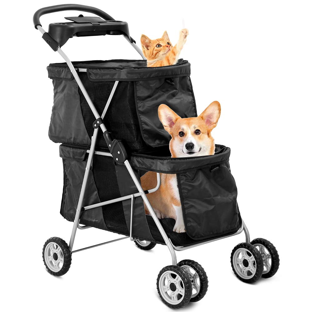 Double Dog & Cat Stroller - 4 Wheel Folding Travel Carrier with Cup ...