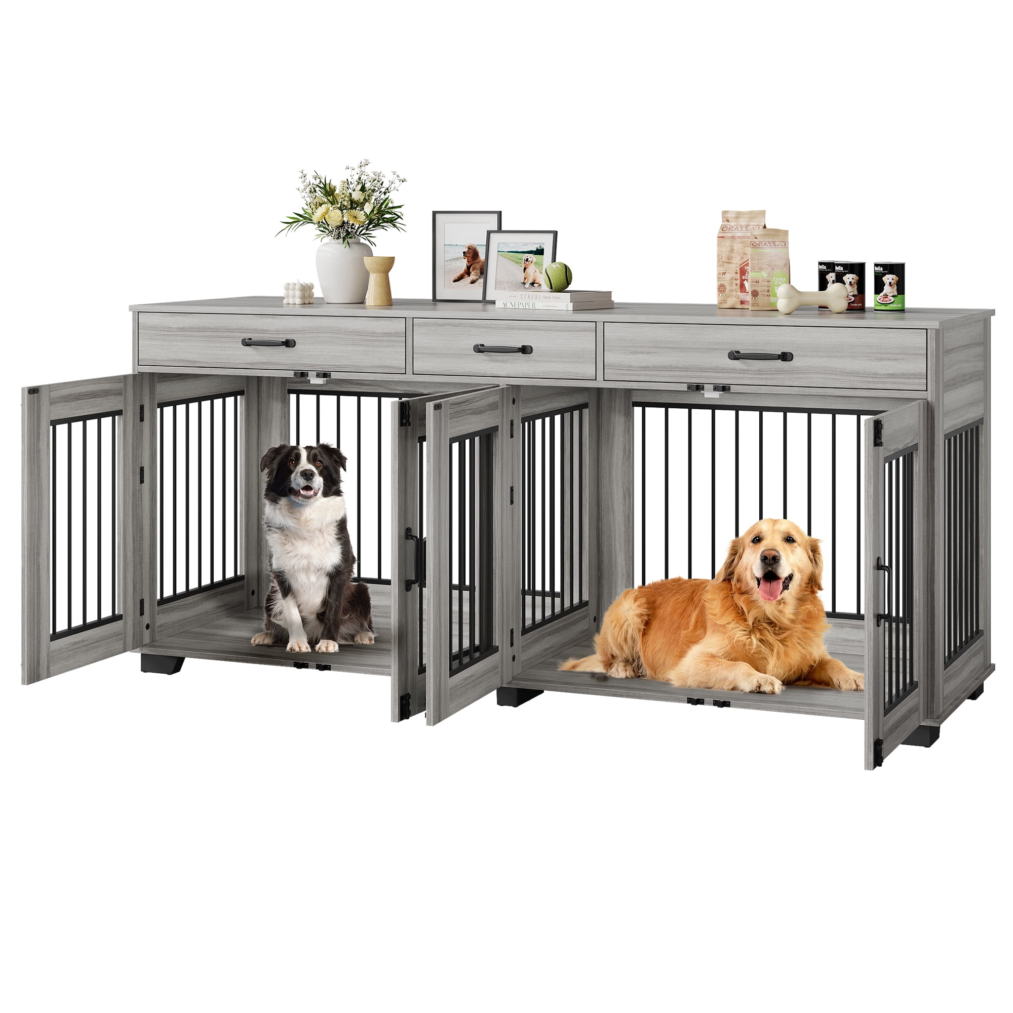 Double Dog Crate Furniture with 3 Storage Drawers & Divider – Heavy ...