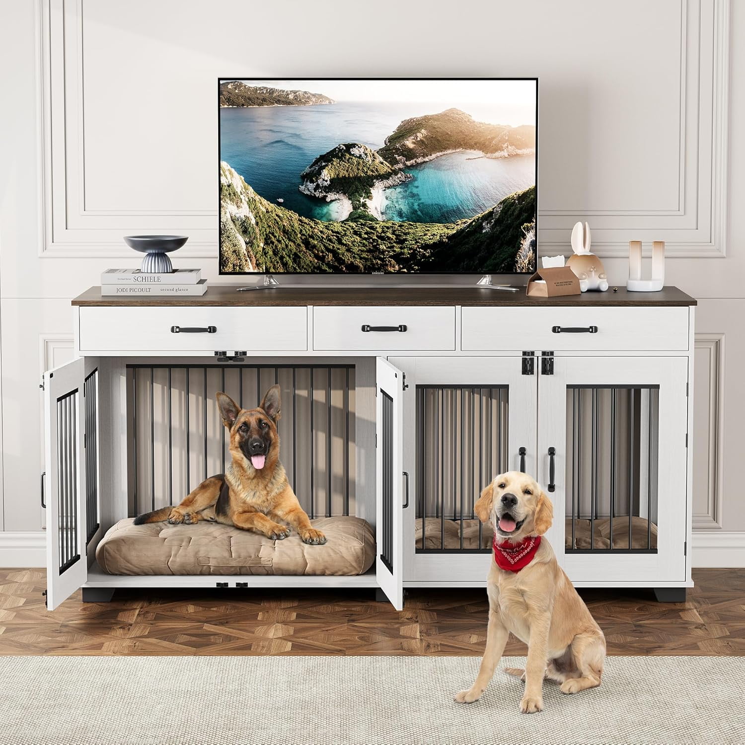 Double Dog Crate Furniture, 71'' Large Dog Kennel Indoor with 3 Storage ...