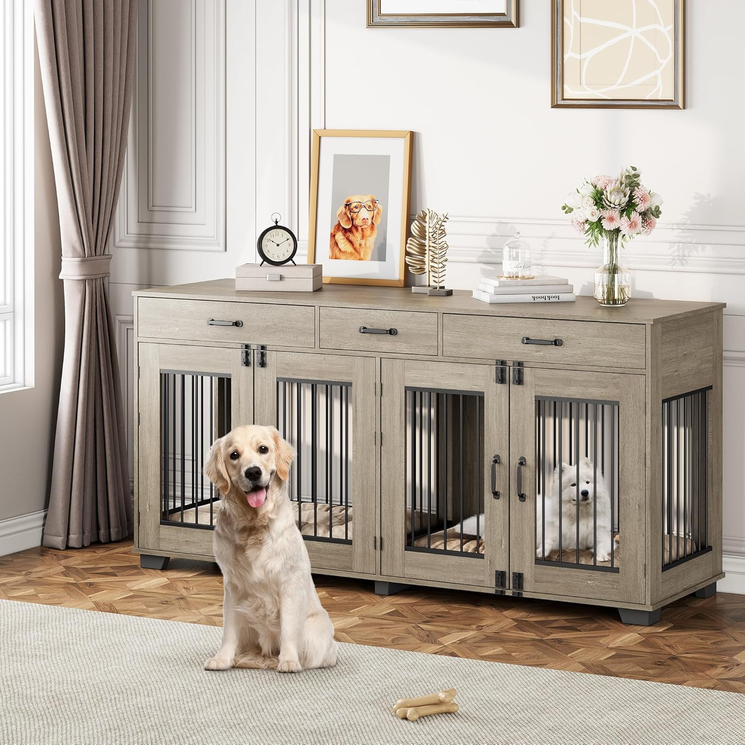 Double Dog Crate Furniture with 3 Drawers, 71'' Kennel for Medium to ...