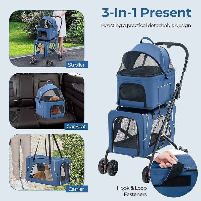 Double Dog Stroller for 2 Dogs, Detachable Carriers, Safety Belt, 4 Lockable Wheels, Pet Travel ...