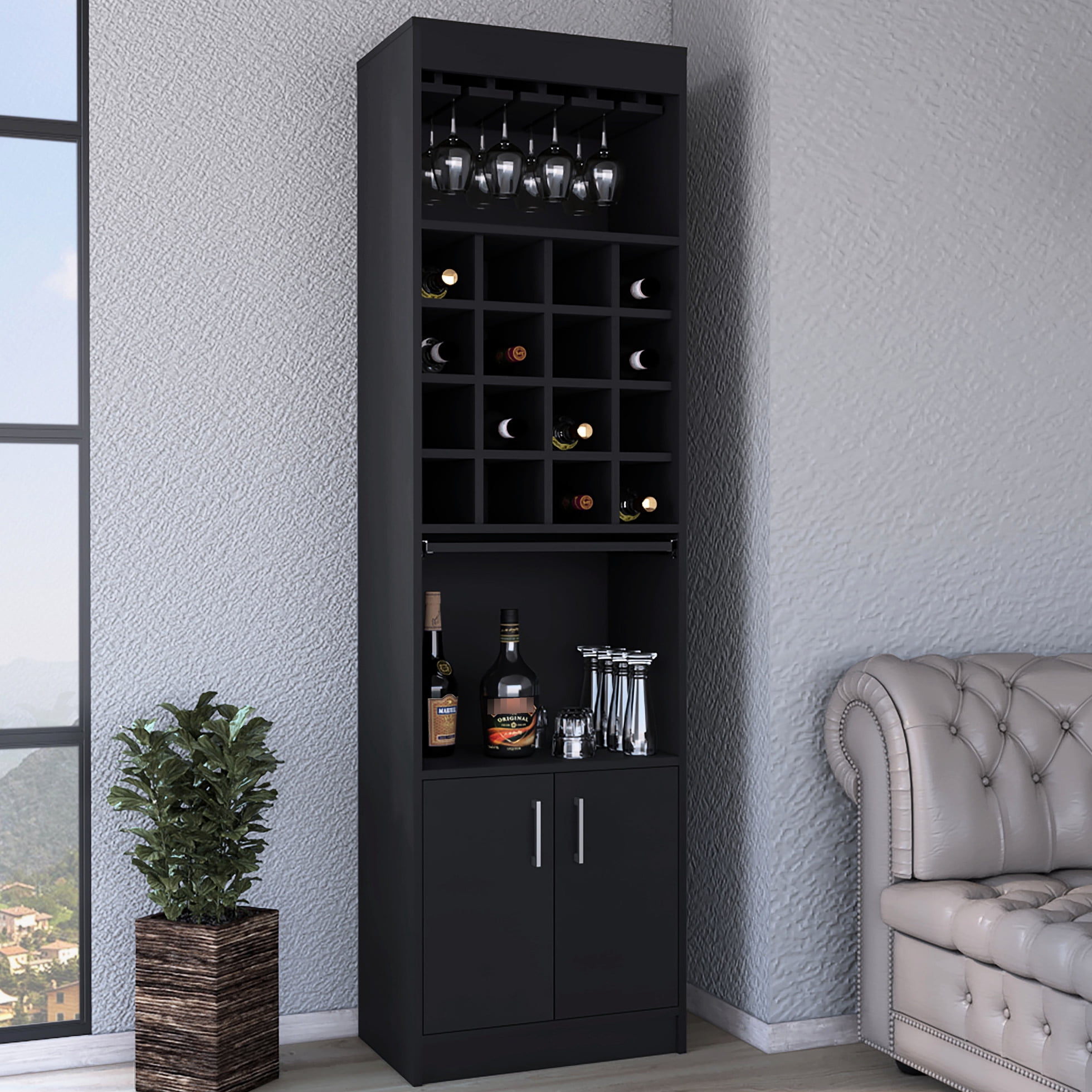 Double Door Bar Cabinet In Black With 16-built-in Wine Rack And Two ...
