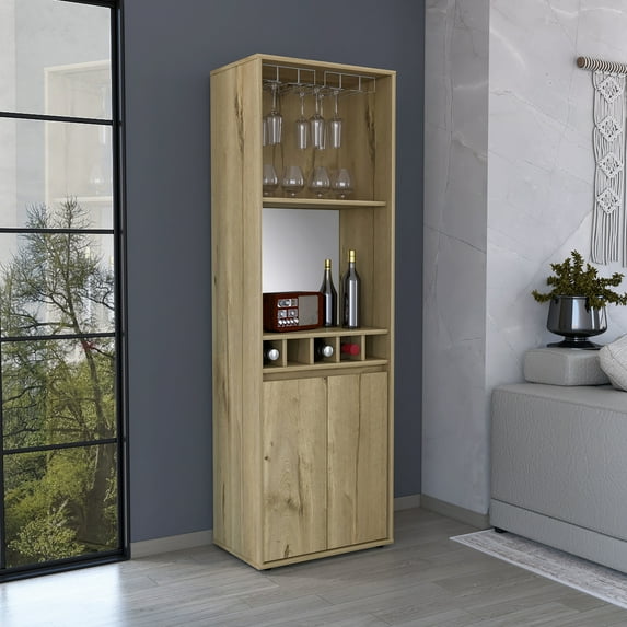 Double Door Bar Cabinet In Oak With Two Open Shelves For Storage 12 Pc ...