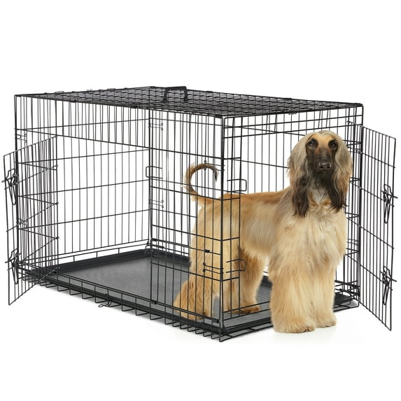 Double Door Dog Cage - Foldable Metal Dog Crate with Removable Tray, 5 ...