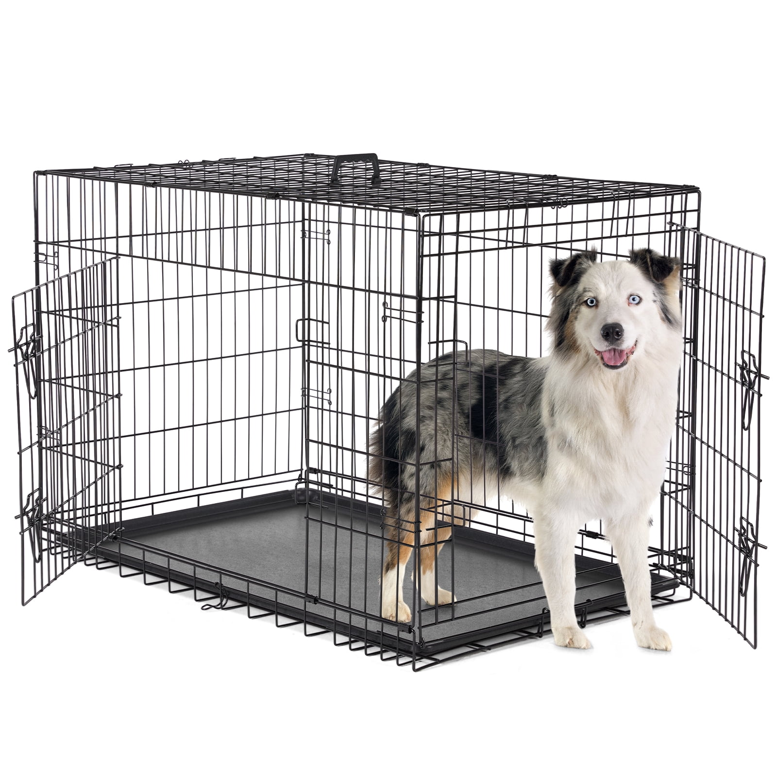 Double Door Dog Cage - Foldable Metal Dog Crate with Removable Tray, 5 ...
