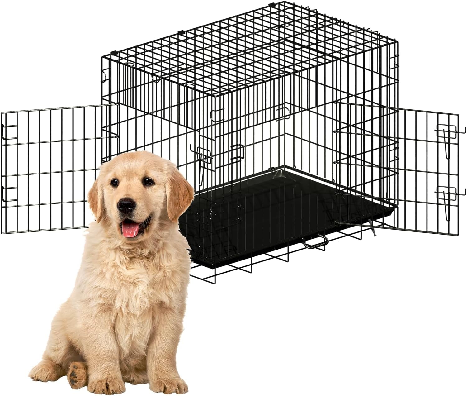 Double Door Dog Crate, Portable Wire Dog Crate with Tray and Divider, Pet Crate for Small Dogs ...