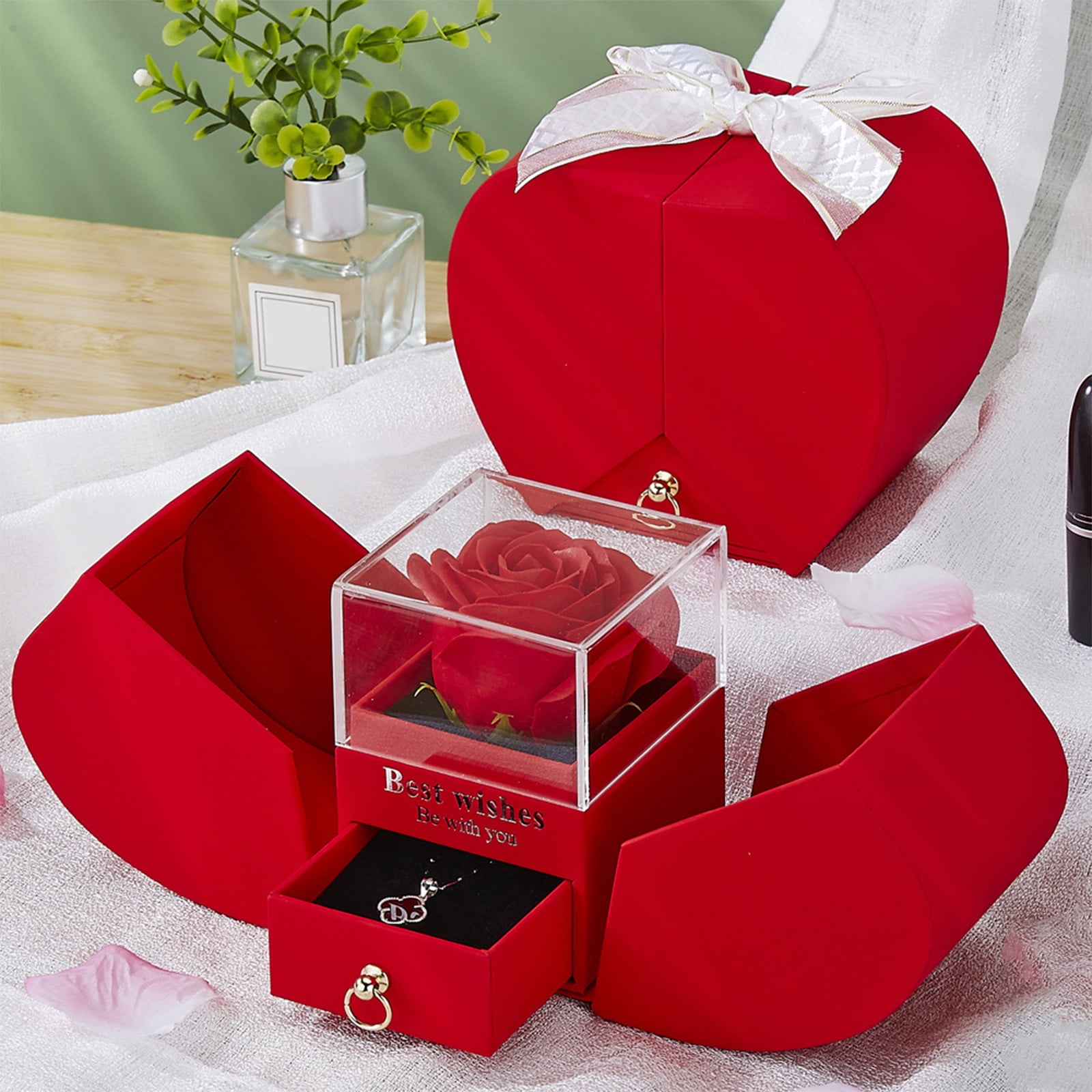 Double Door Eternal Rose Jewelry Box With Bow Valentine's Day Gift ...