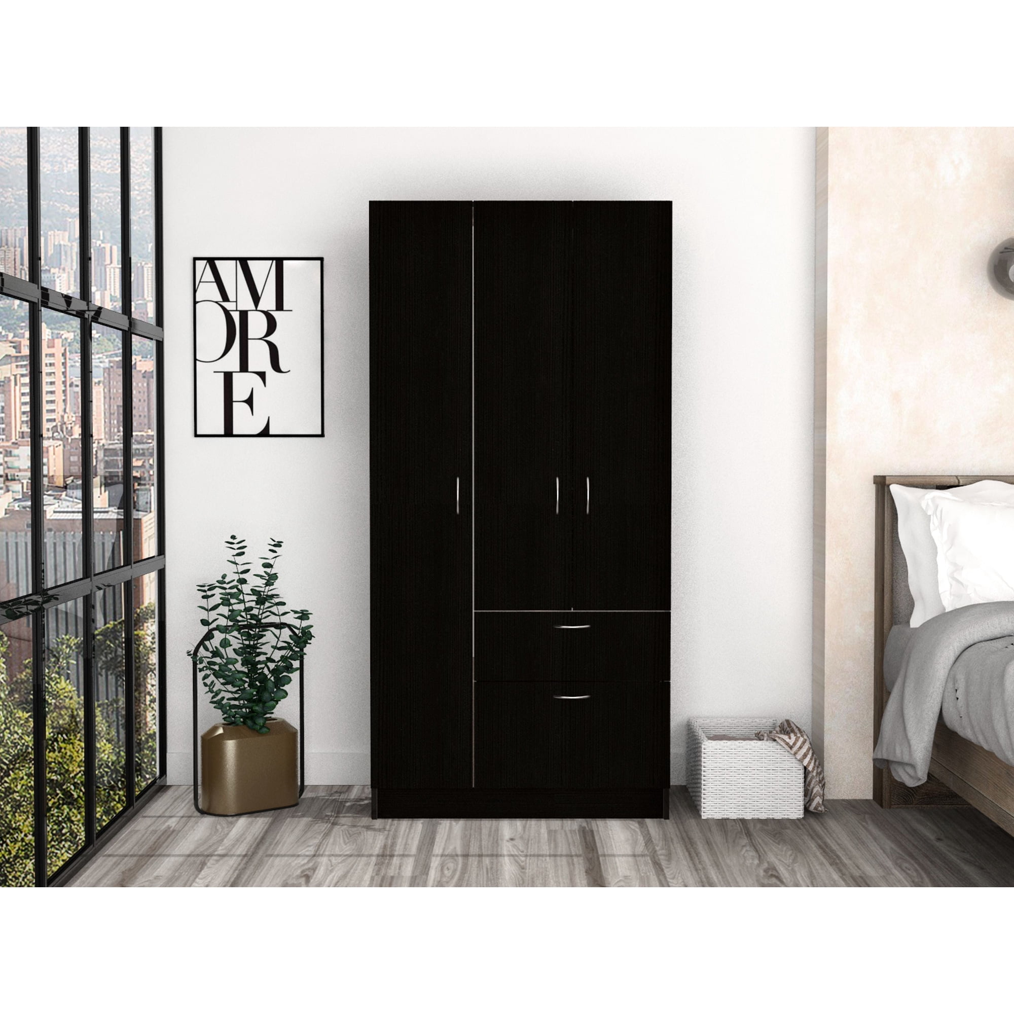 Double Door , One Drawer, Metal Rod, Five Shelves, 67.2" High, Black ...