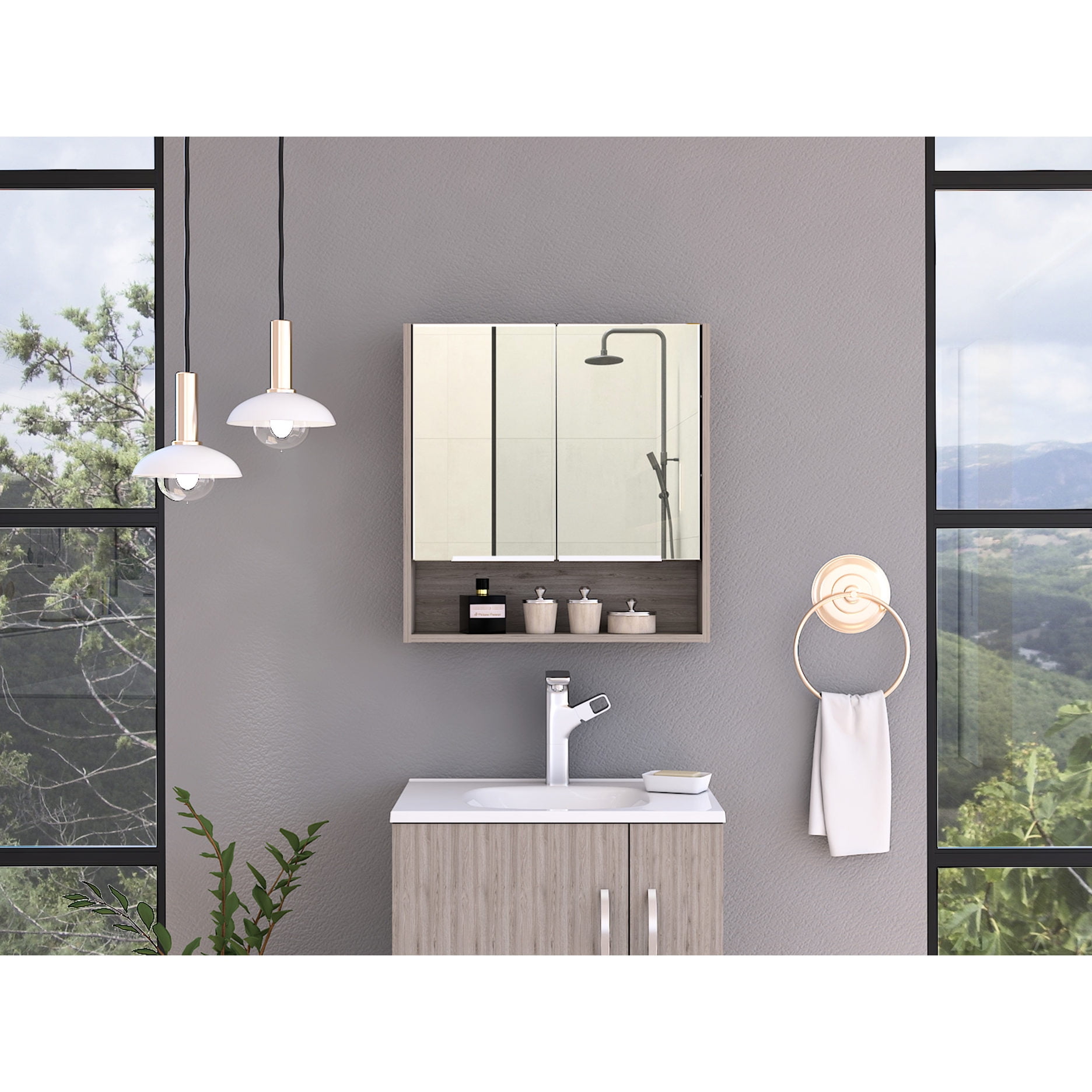 Double Door Particle Board Mirror Cabinet, 23.60 in Wide, Light Gray ...