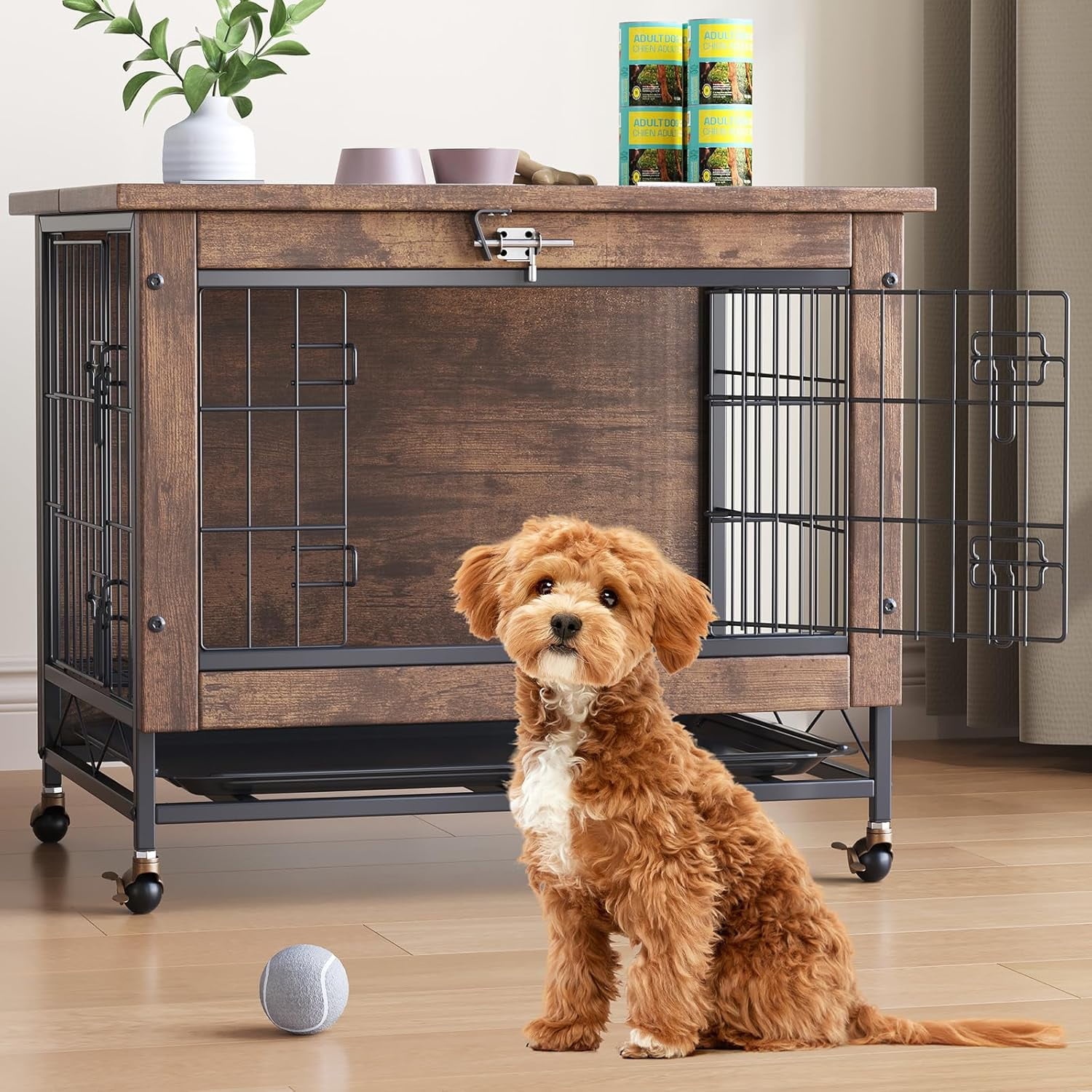 Double-Door Pet Cage Furniture with Wheels, 26 Inch Small to Medium ...