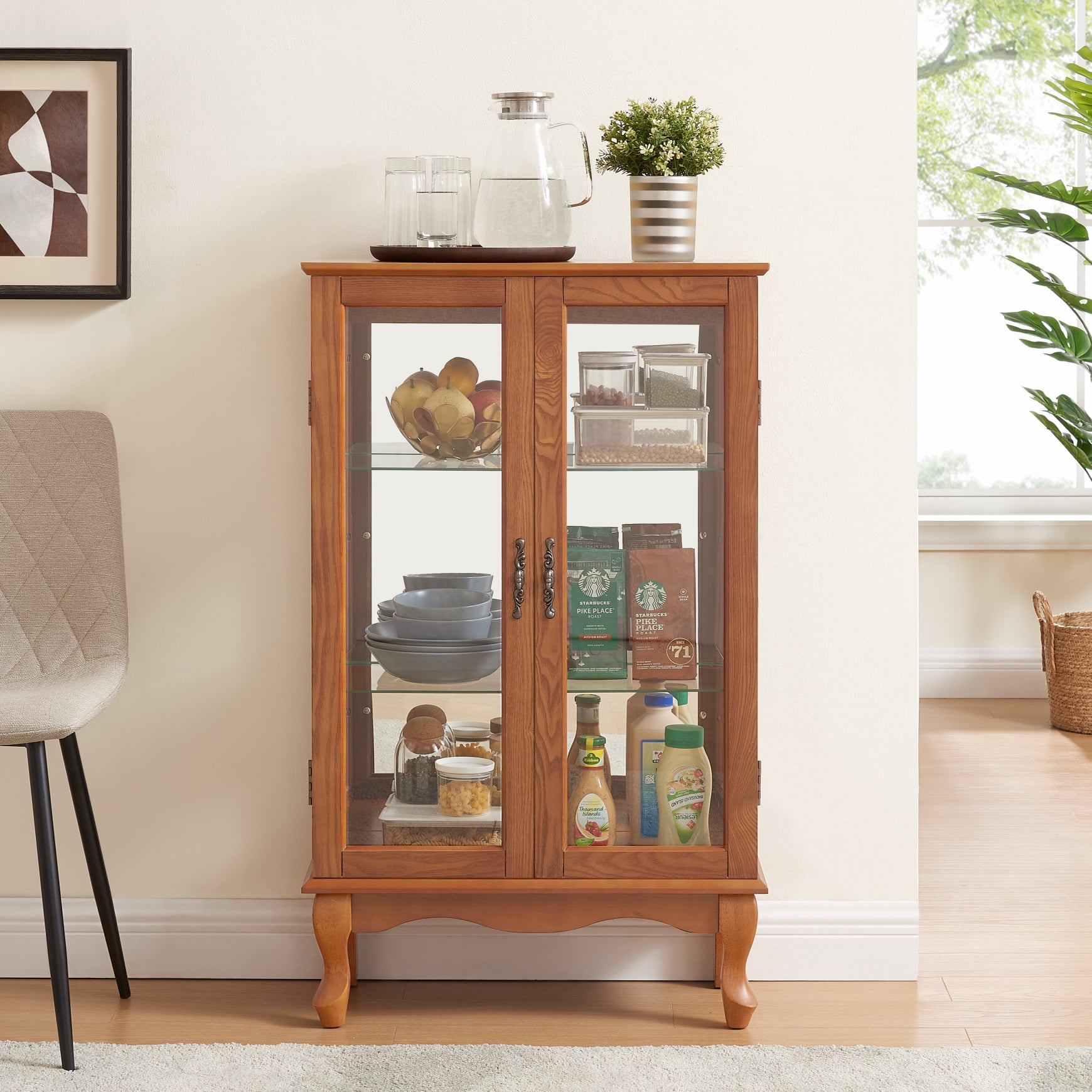 Double Doors Display Storage Cabinet with Tempered Glass Doors, Curio ...