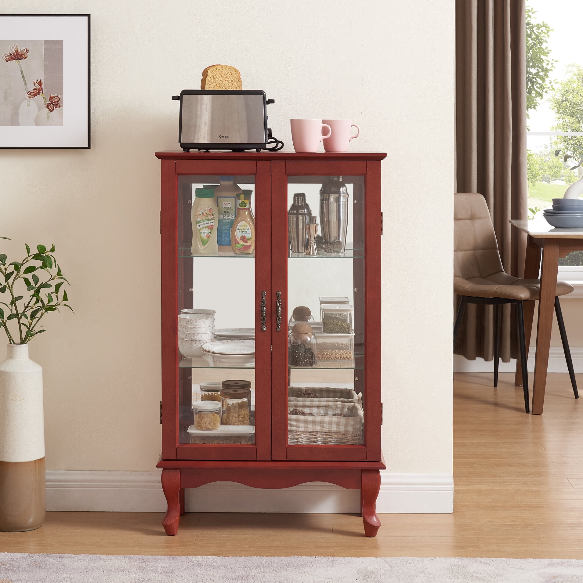 Double Doors Display Storage Cabinet with Tempered Glass Doors, Curio ...