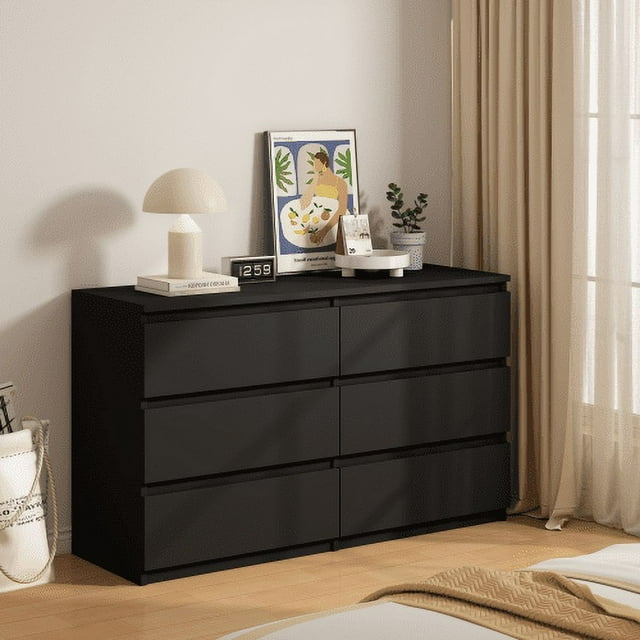 Double Dresser with 6 Drawer, Wood Storage Cabinet with Cut-Out Handles ...