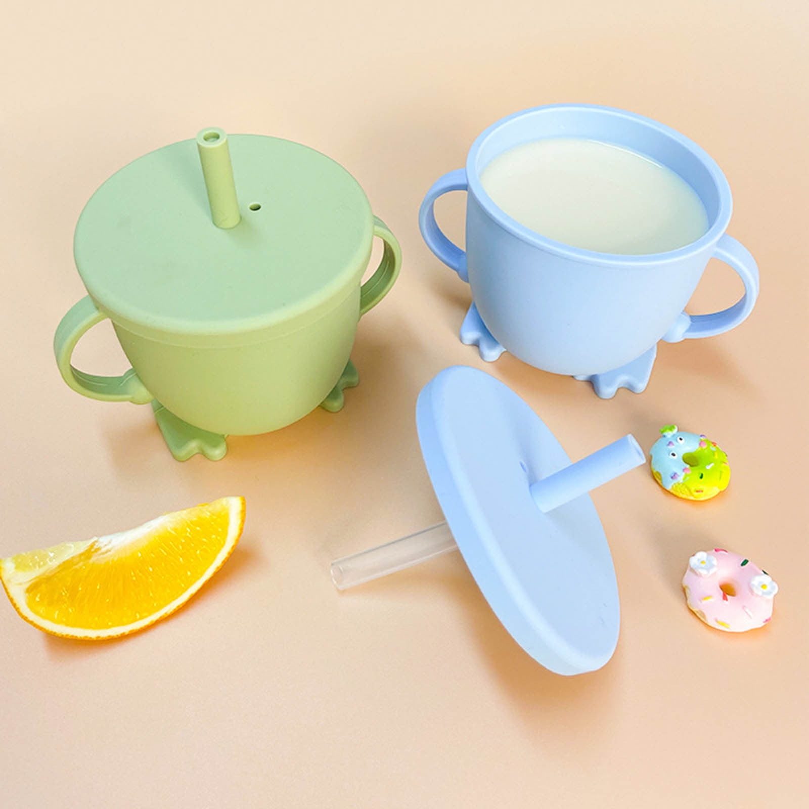 Double Ear Snack Straw Cup Antidrop Silicone Cute Duck Sippy Cup With ...