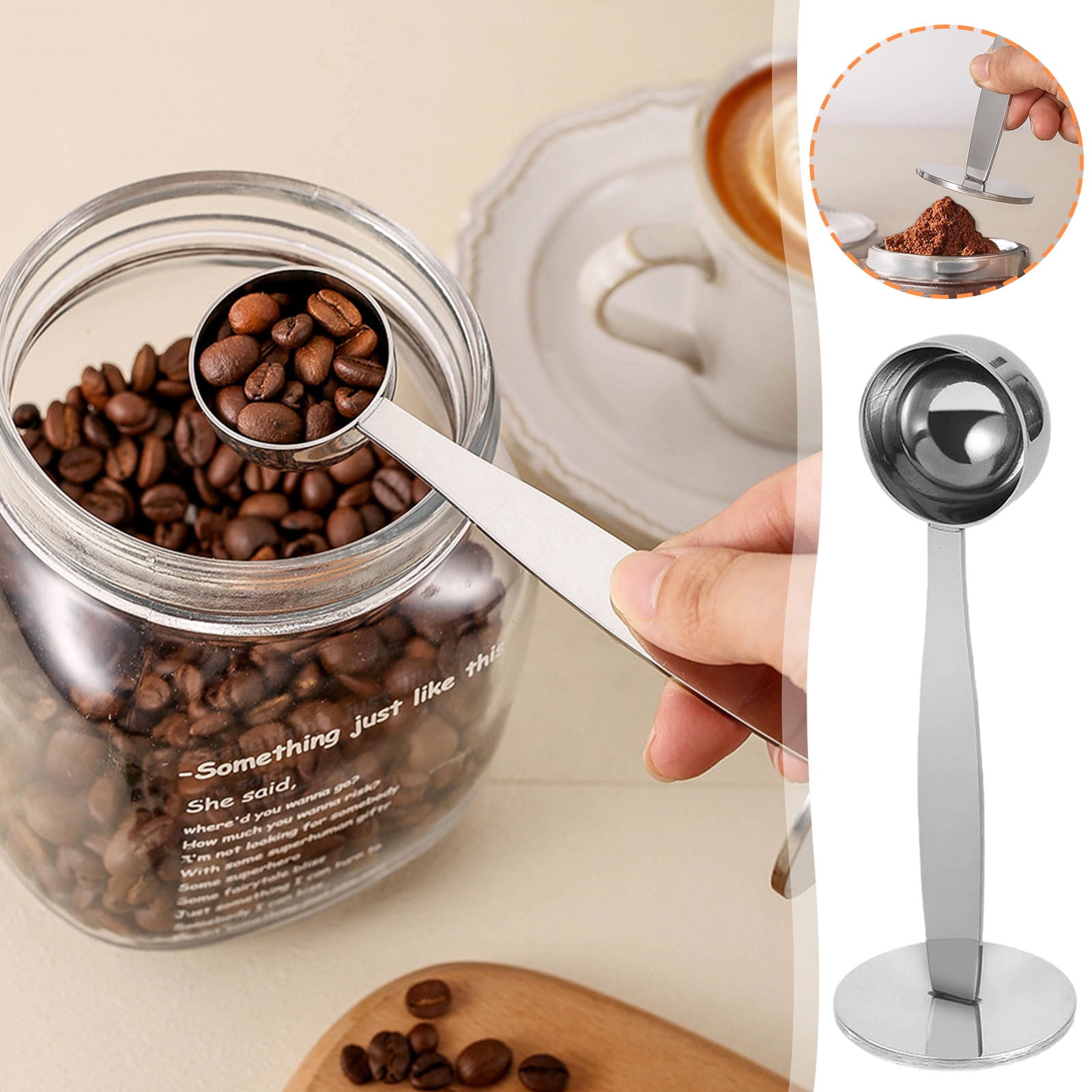 Double-Ended Coffee Spoon & Powder Press | Stainless Steel Standable ...