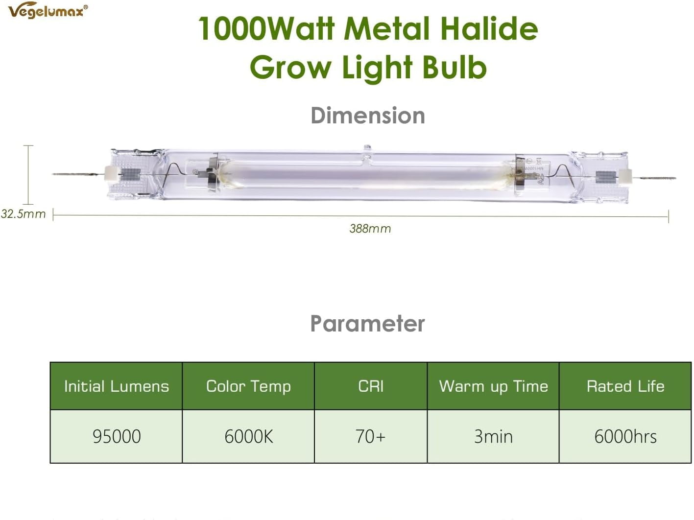 Double Ended Metal Halide 1000Watt MH Grow Light Lamp Bulb, 6000K ...