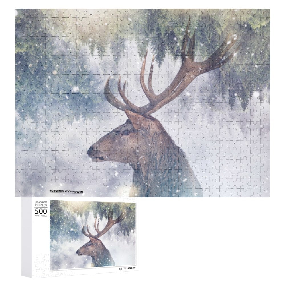 Double Exposure of A Deer with Antlers, Forest Upside Down and Snowfall Jigsaw Puzzles 500 ...