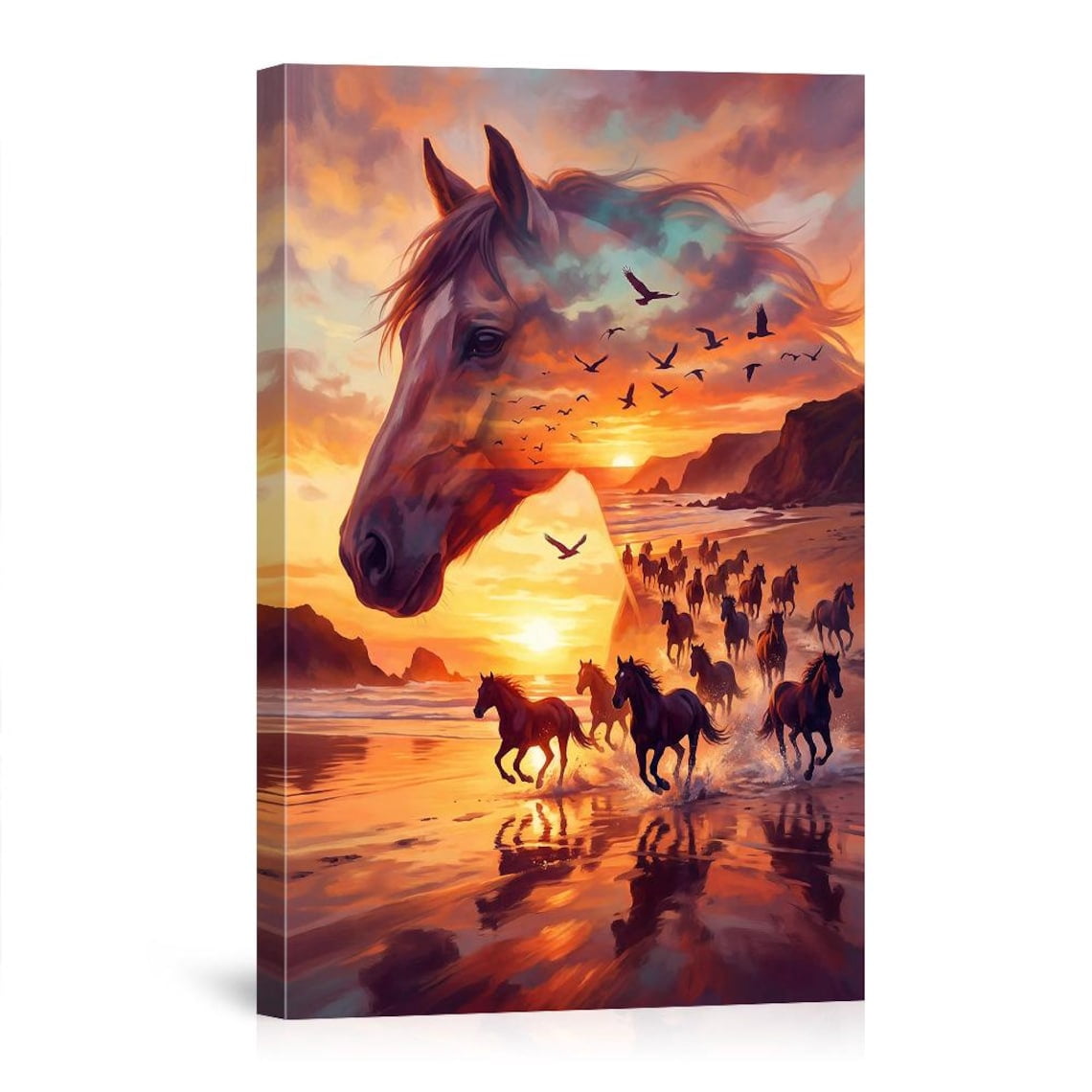 Double Exposure Horse Beach Wild Horses Running At Sunset Coastal Scene ...