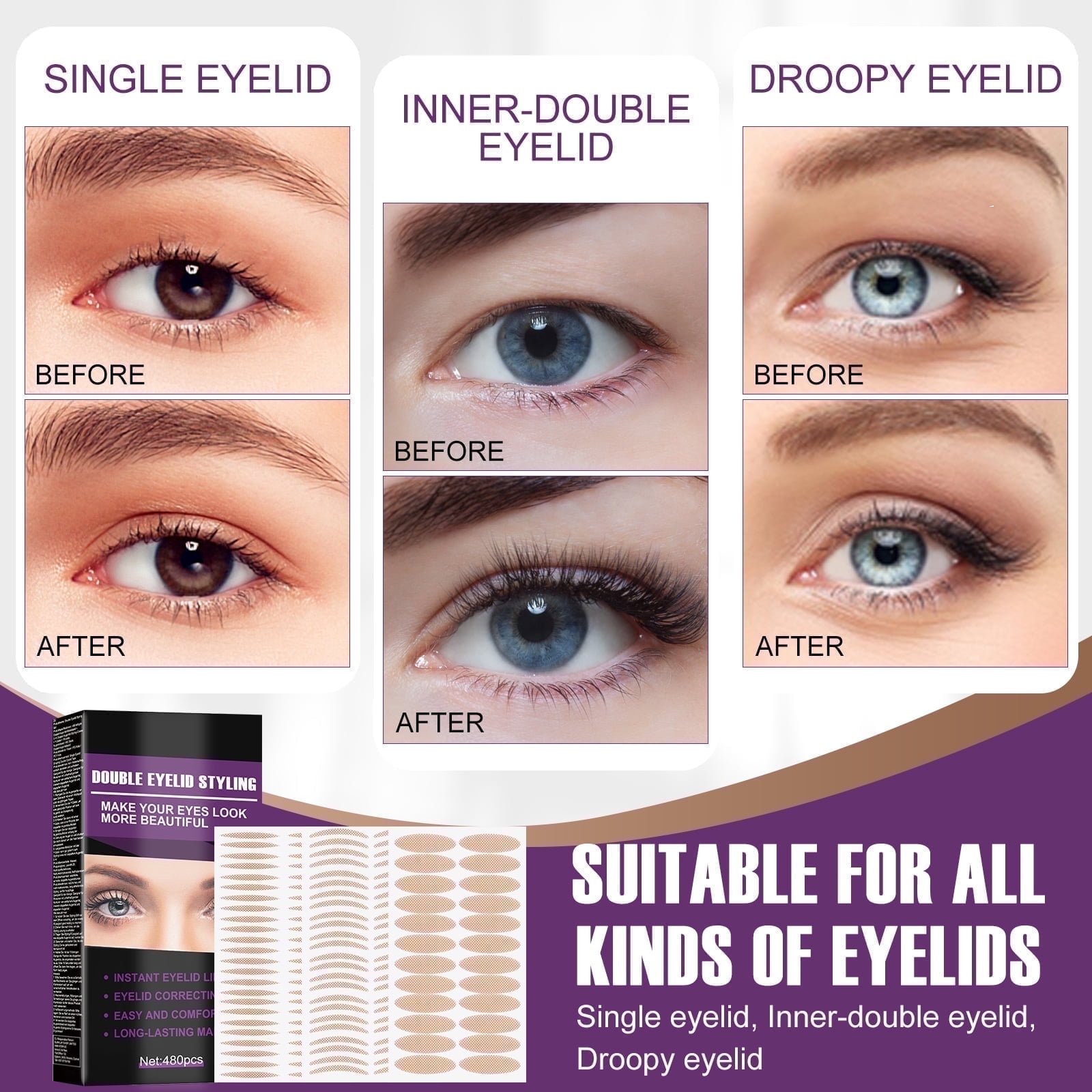 Mochiby Double Eyelid Tape, Invisible Eyelid Strips, 480pcs, Breathable ...