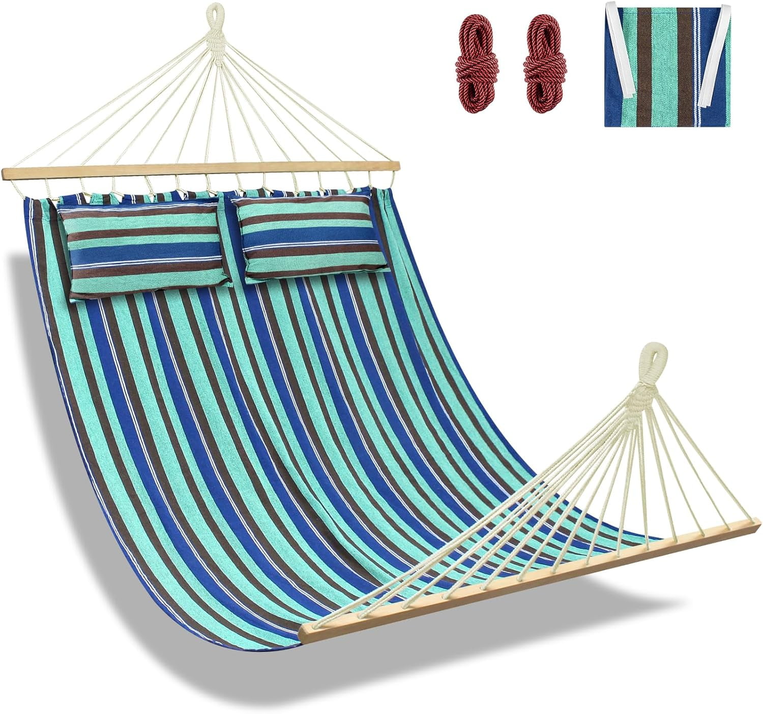 Double Fabric Hammock, 57’’x78’’ 2 Person Outdoor Hammock with Hardwood ...