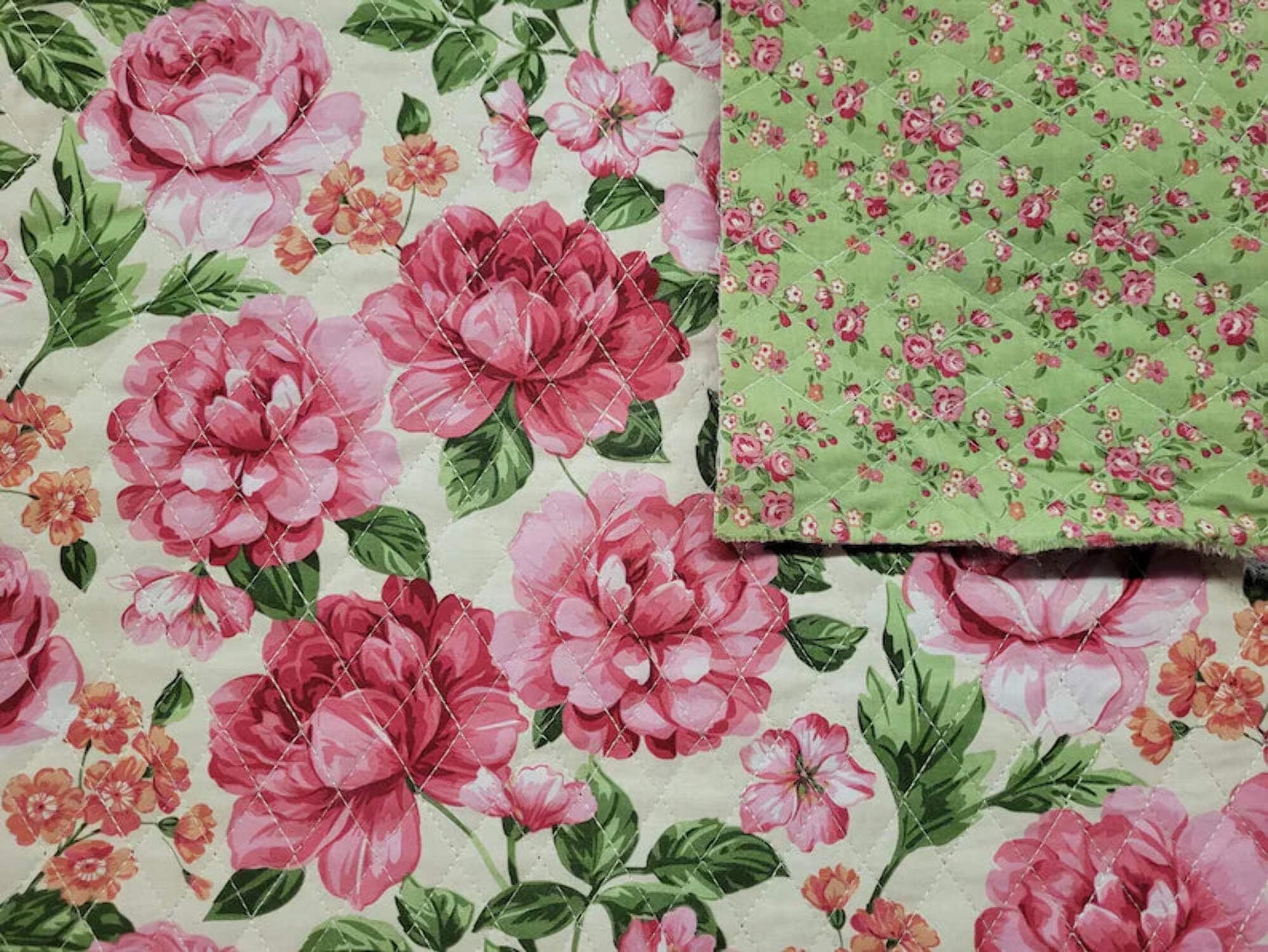 Double Faced Pre-Quilted Pink Peonies Floral Fabric Traditions Price ...