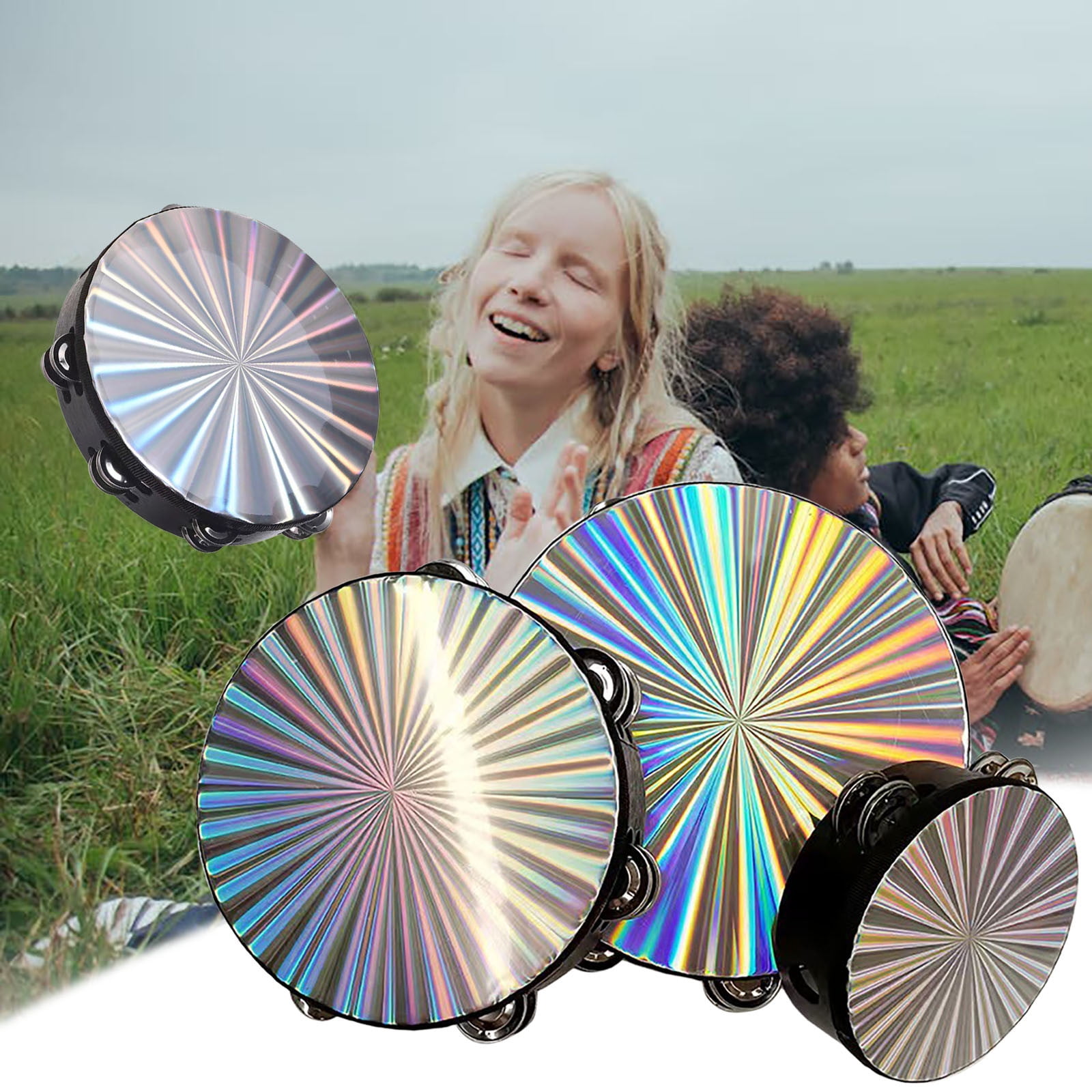 Double Flash Drum Tambourine 6-8-10 Inch Hand Drum Reflective Musical ...