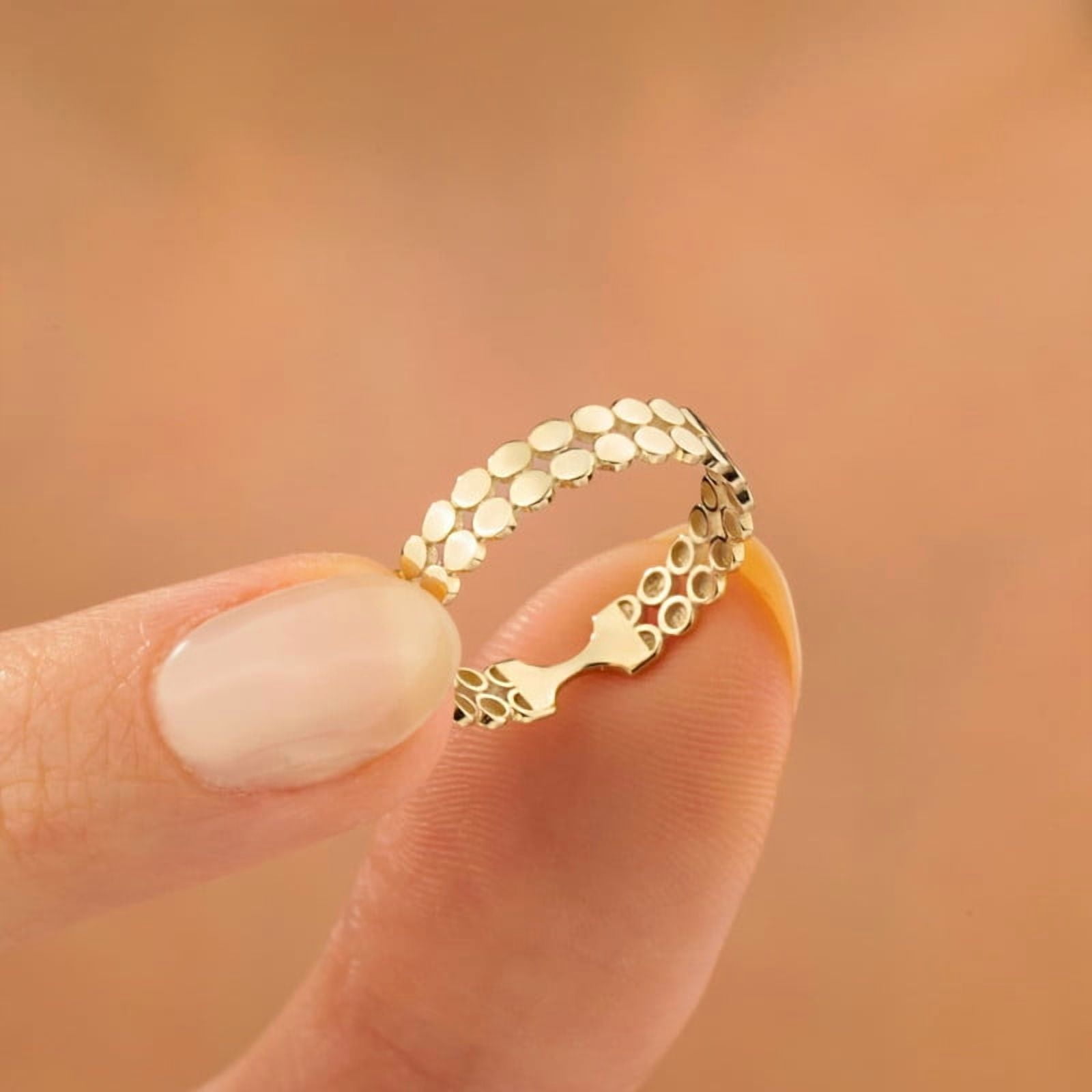 Double Flat Beaded Ring, Duo Eternity Ball Ring, 10k Gold Over Simple Bubble Ring, Dainty Dual ...