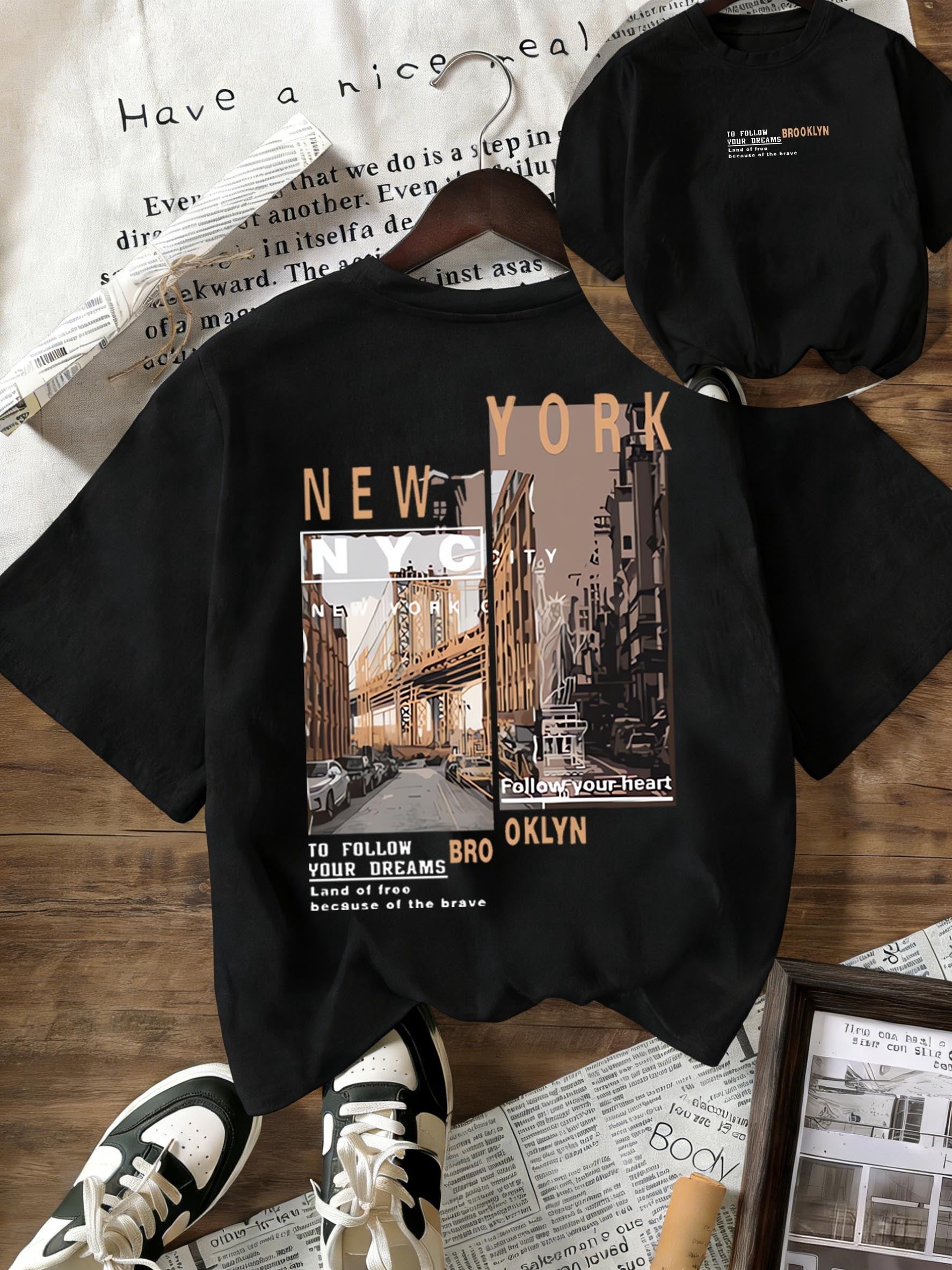 Double Front Back Images Casual Letter Print New York Bridge Street ...